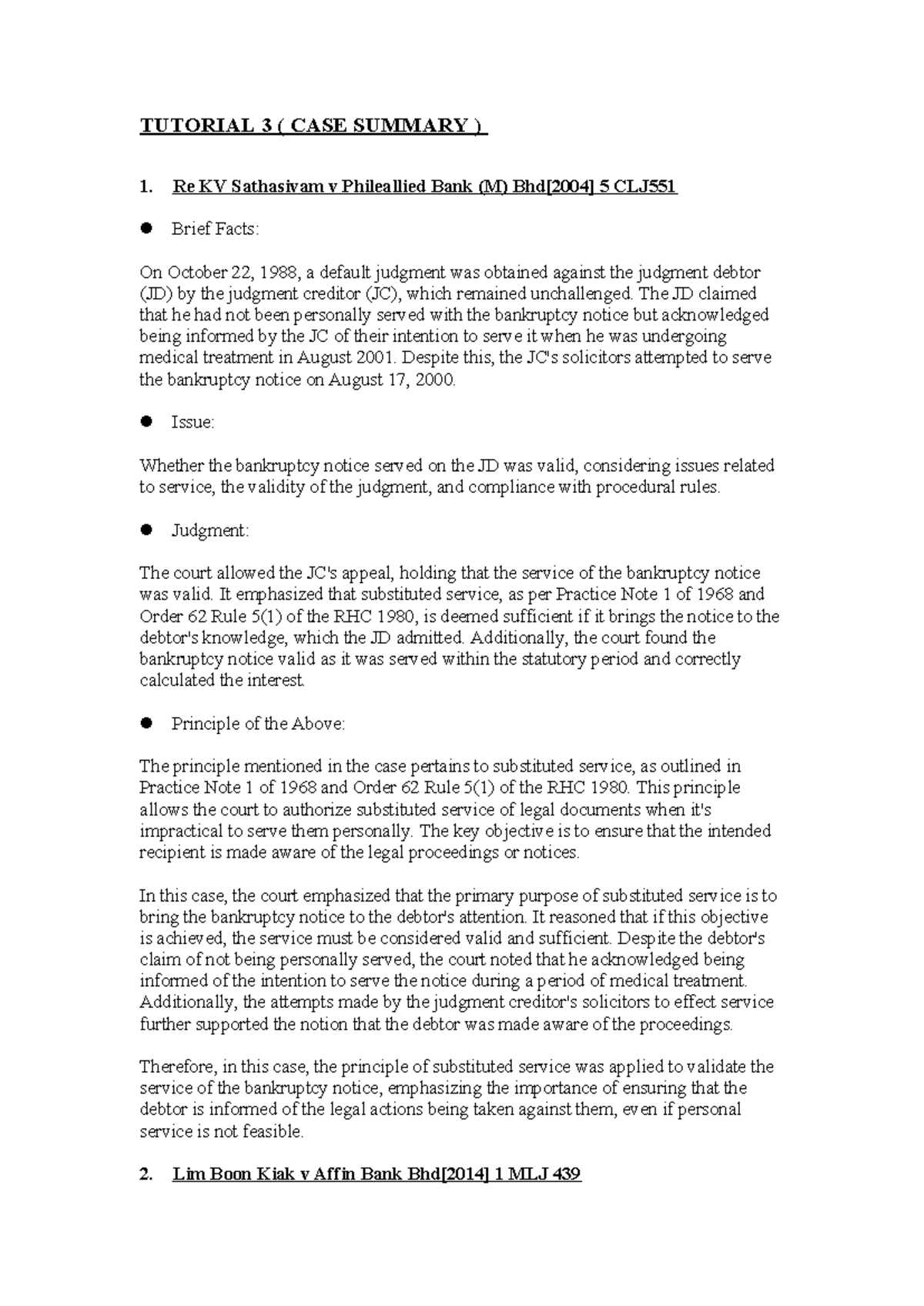 Tutorial 3. case summary - TUTORIAL 3 ( CASE SUMMARY ) Re KV Sathasivam ...