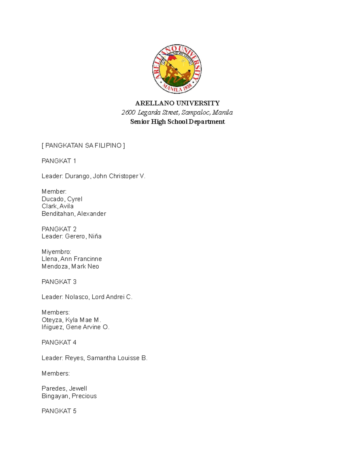 Pangkatan sa Filipino - none - ARELLANO UNIVERSITY 2600 Legarda Street ...