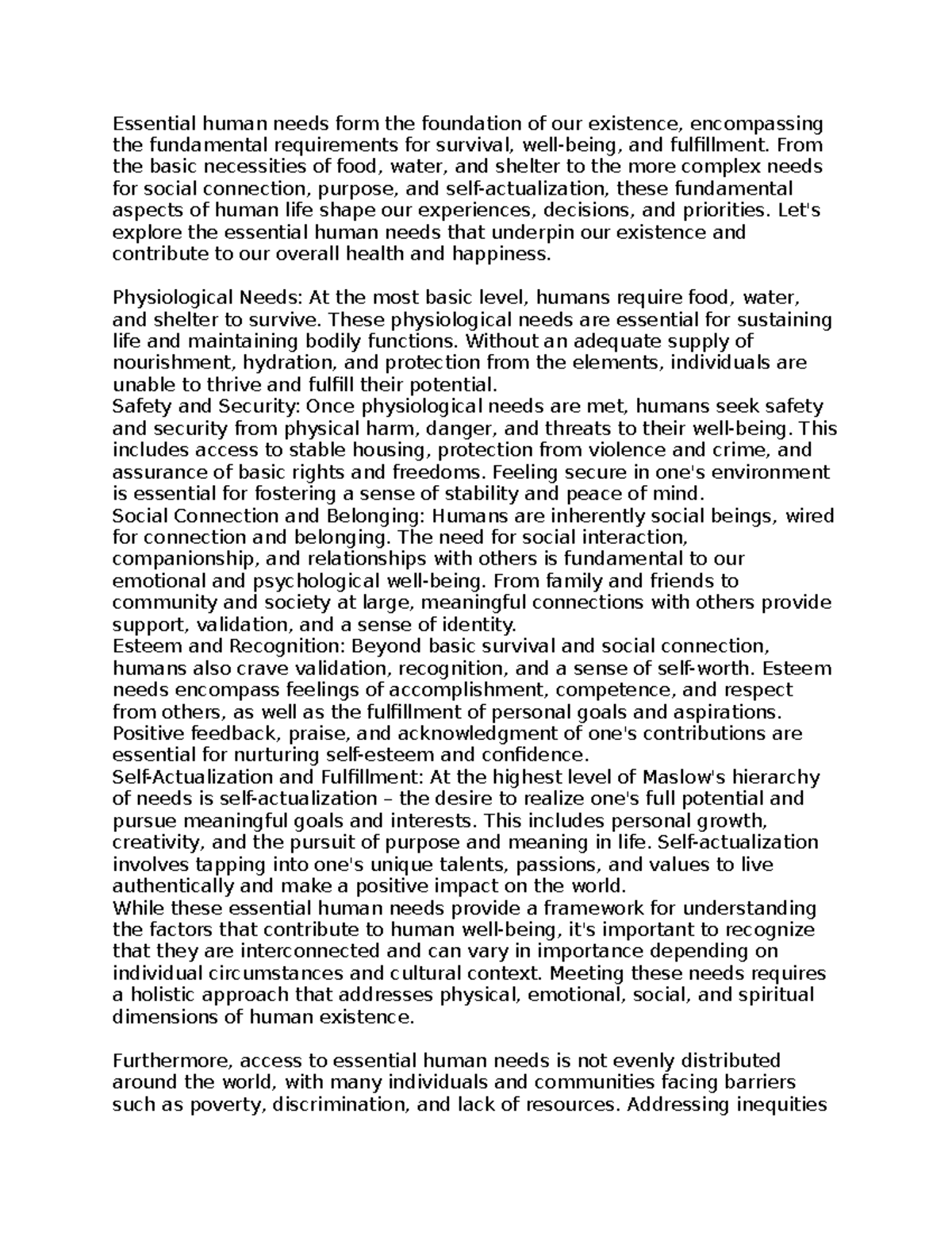 Essay about essential human needs - Essential human needs form the ...