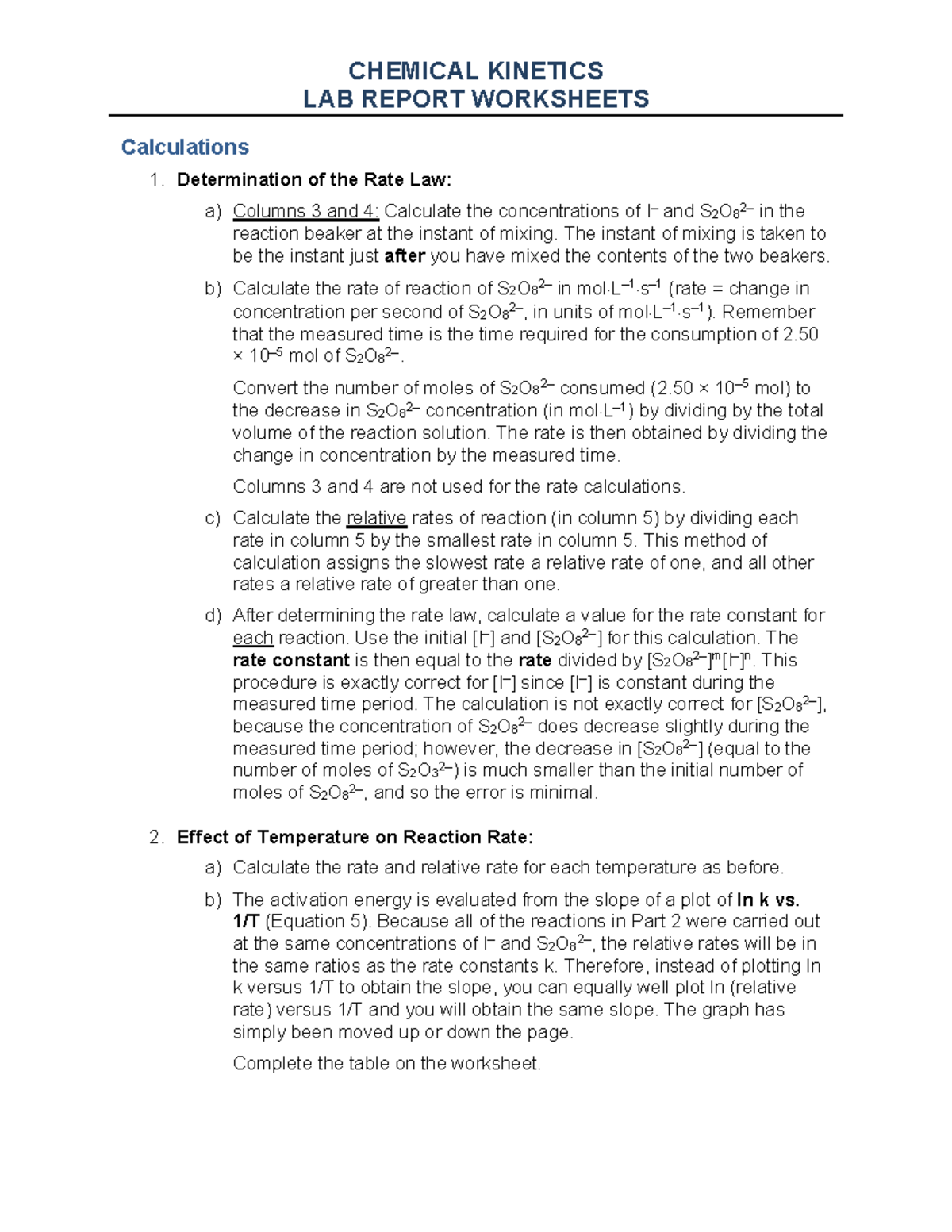 Chemical Kinetics Worksheets - LAB REPORT WORKSHEETS Calculations ...