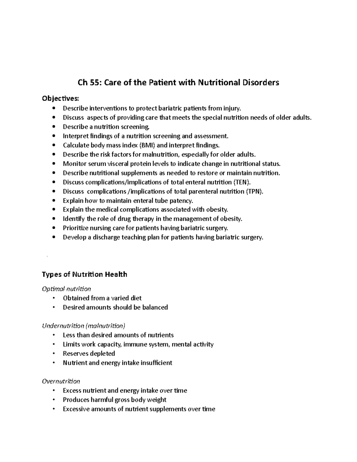 Ch 55 - Care of the Patient with Nutritional Disorders - Ch 55: Care of ...
