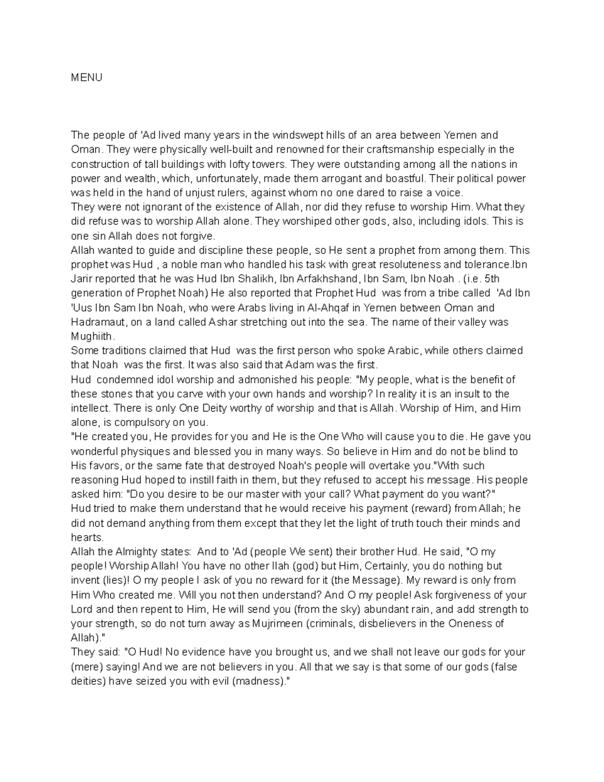 Story of Hud And the Trials Faced - MENU The people of 'Ad lived many ...