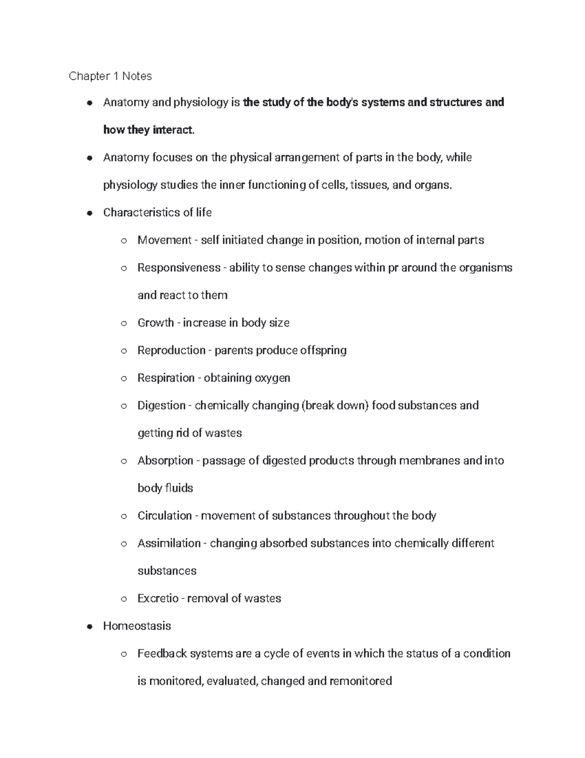 Chapter 1 Notes - Chapter 1 Notes Anatomy and physiology is the study ...