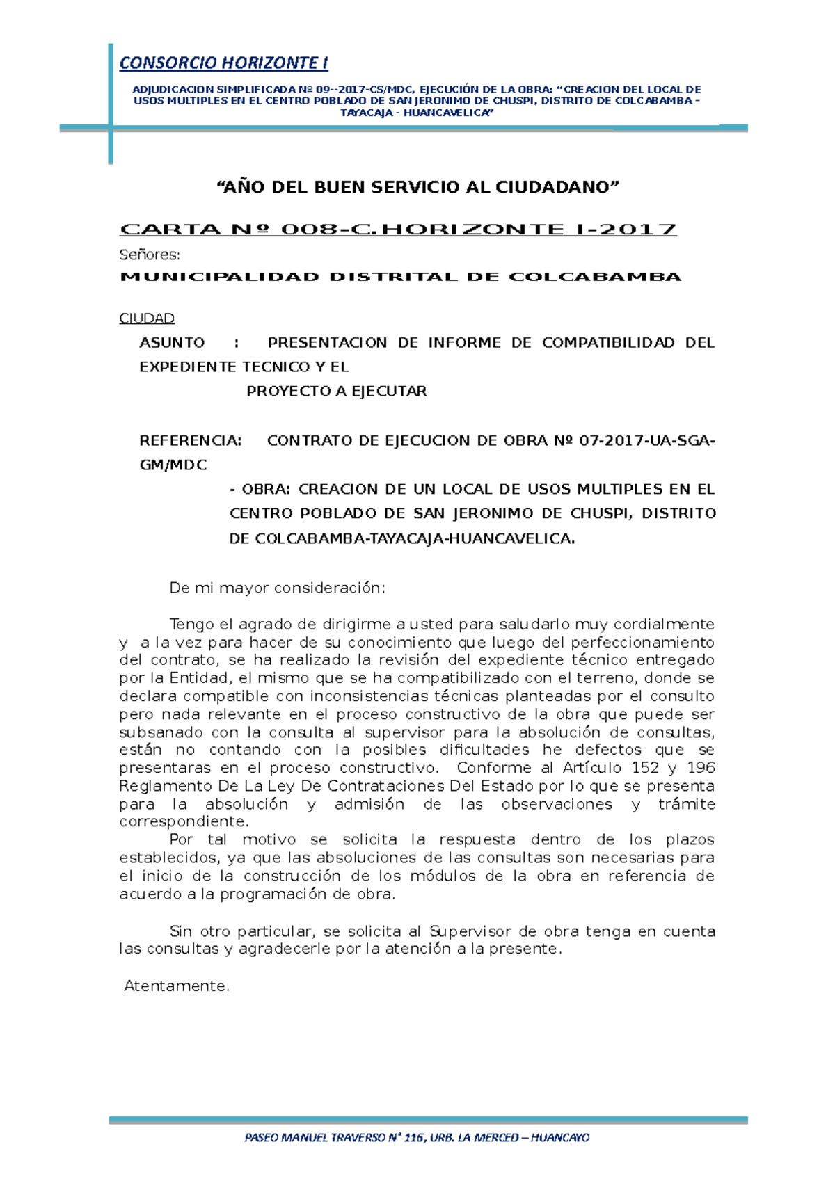 Informe DE Compatibilidad DE Terreno - “AÑO DEL BUEN SERVICIO AL CIUDADANO” CARTA Nº 008-C I ...