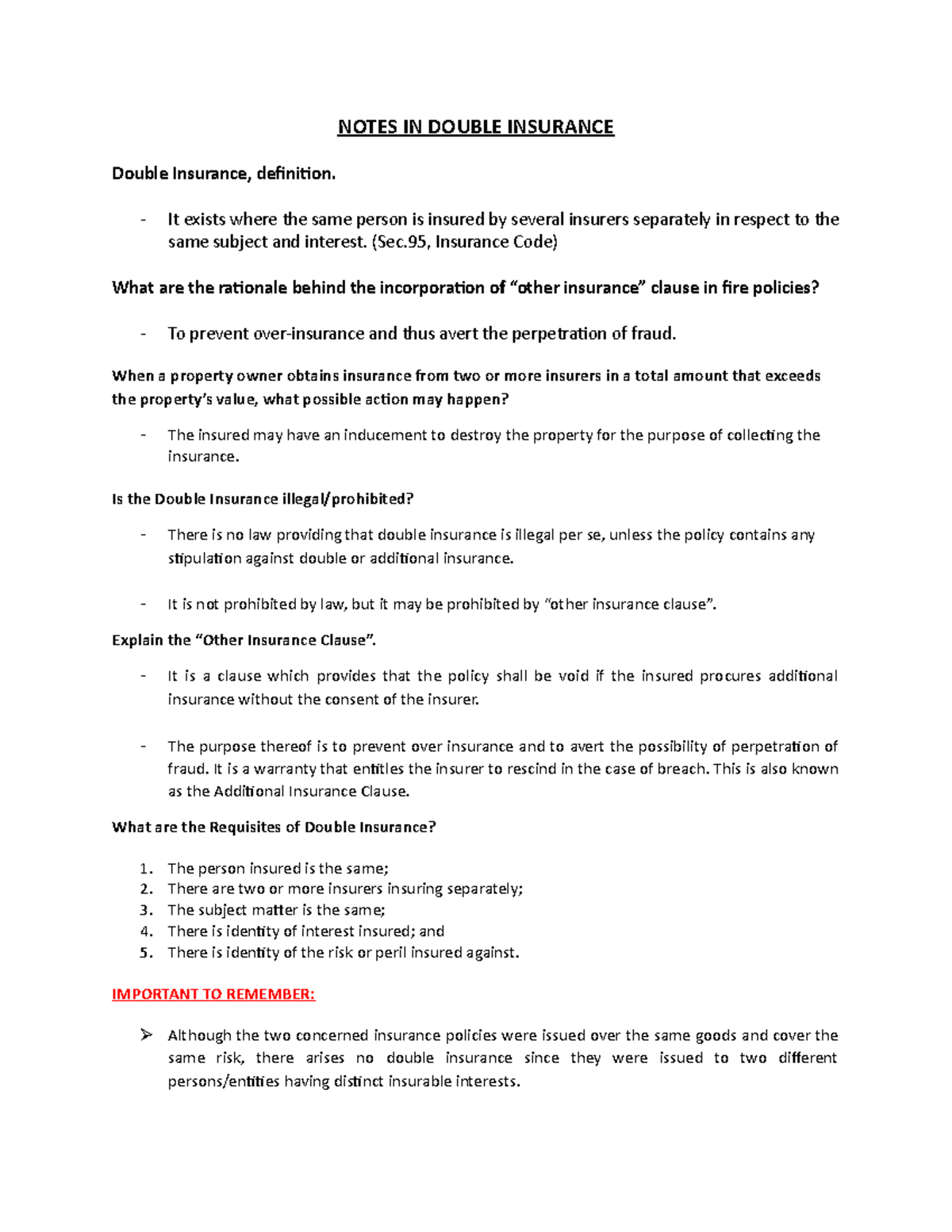 Notes IN Double Insurance - NOTES IN DOUBLE INSURANCE Double Insurance ...