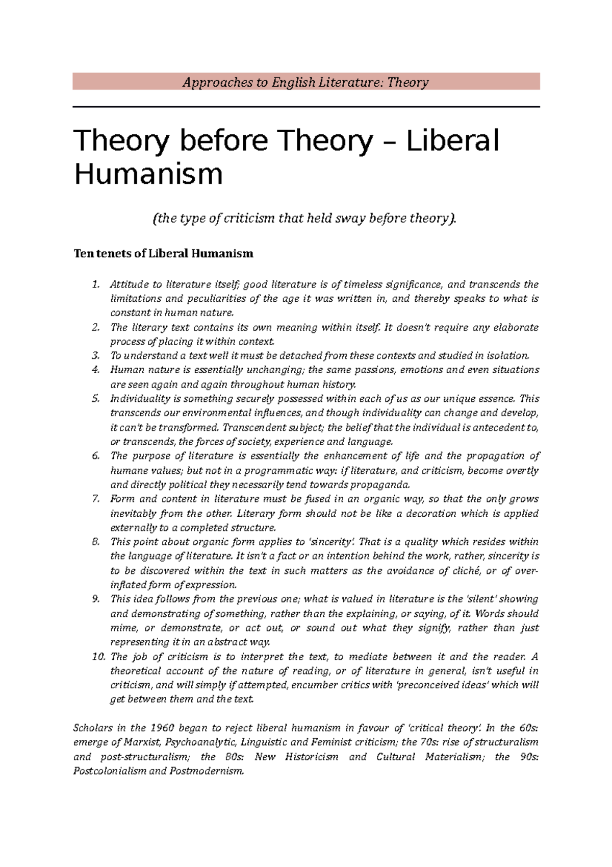 Summary - approaches to english literature: theory - Approaches to ...