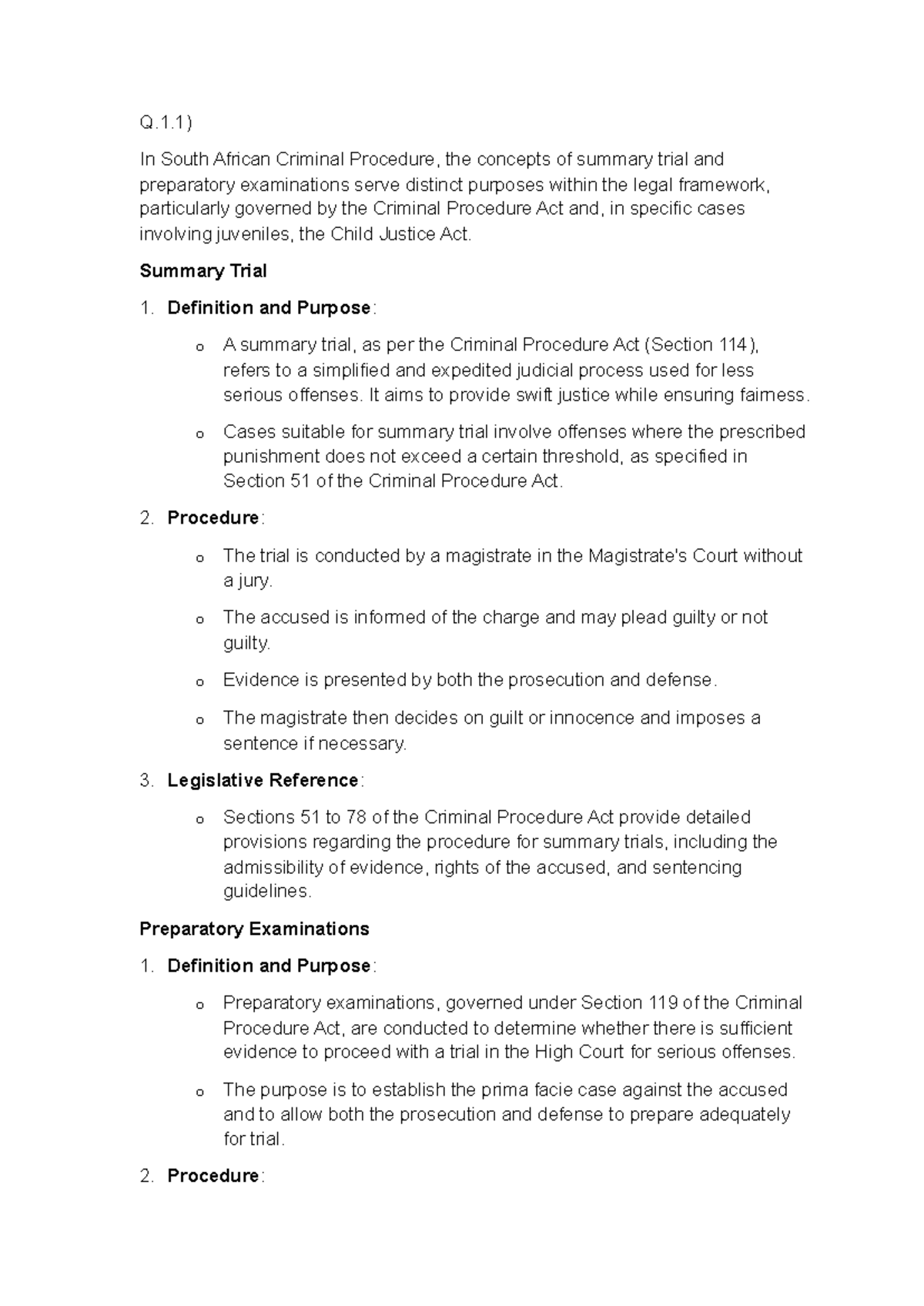 Criminal Procedure Notes - Q.1) In South African Criminal Procedure ...