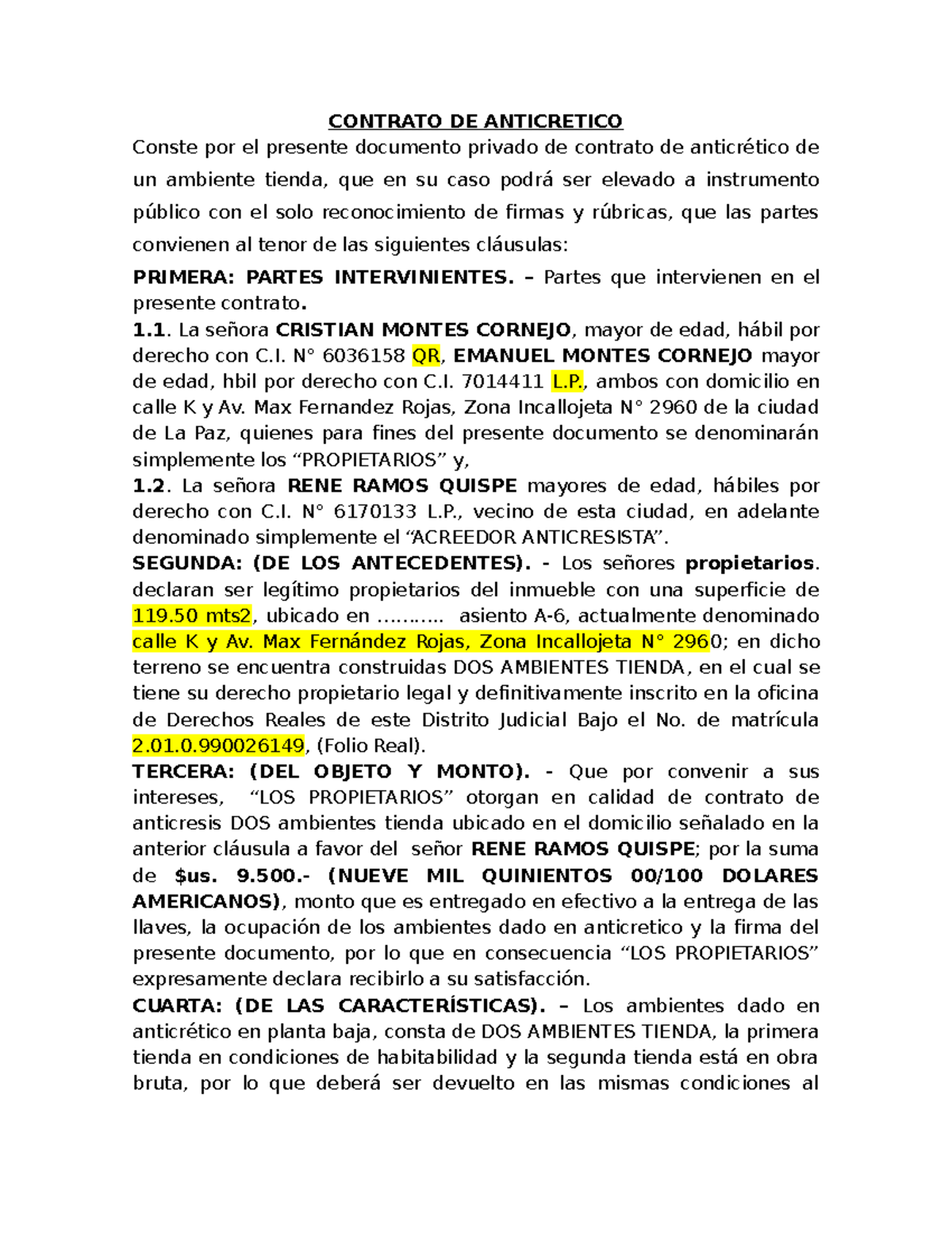 Contrato - anticretico - CONTRATO DE ANTICRETICO Conste por el presente ...