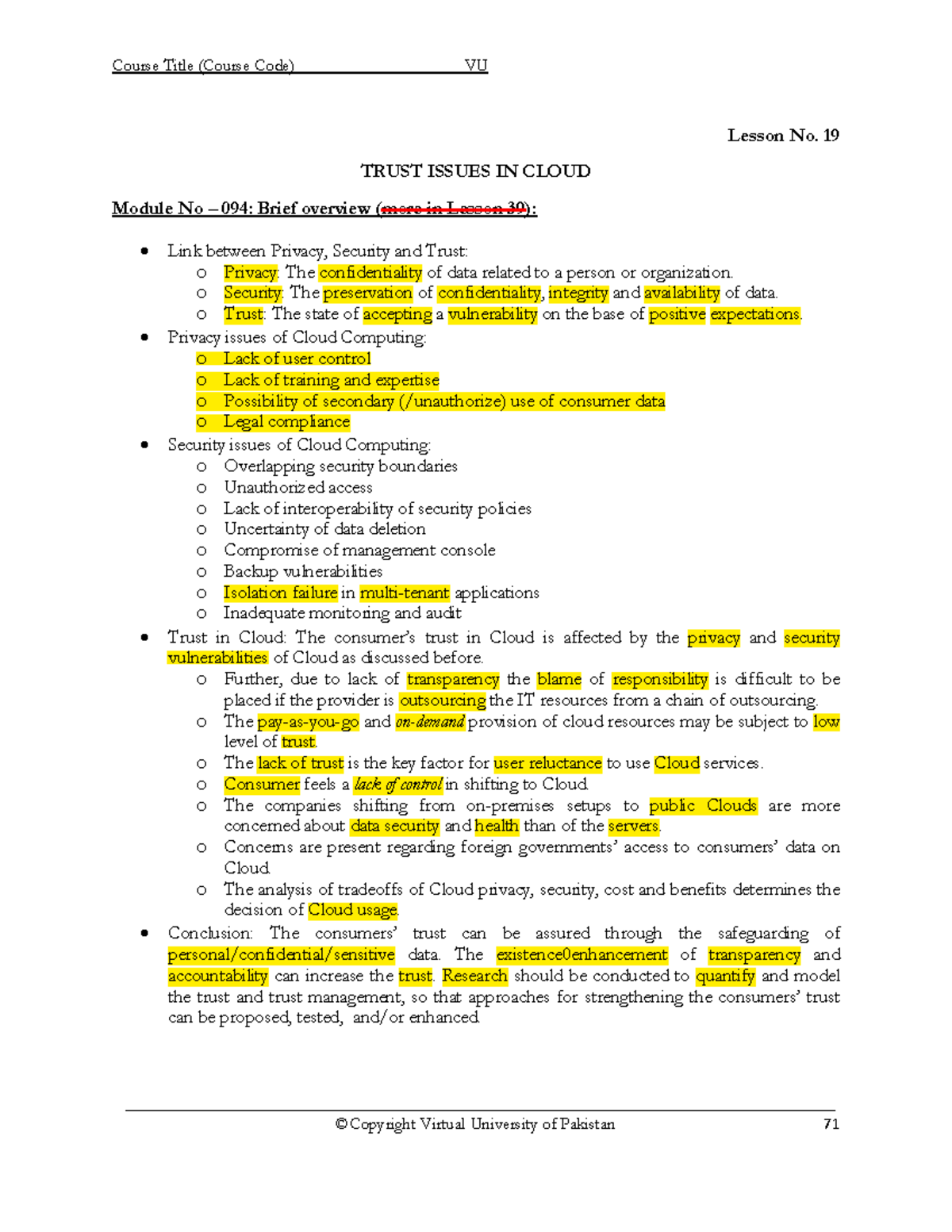 CS435 - Cloud Computing (Lesson 19-24) - Lesson No. 19 TRUST ISSUES IN CLOUD Module No – 094 ...