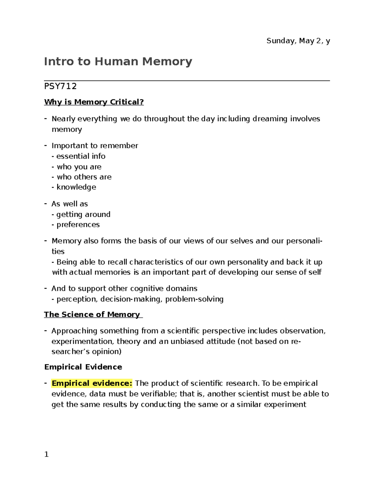 PSY712 Lecture 1 Saturday May 4 Y Intro To Human Memory PSY712 Why psy712-lecture-1-saturday-may-4-y-intro-to-human-memory-psy712-why