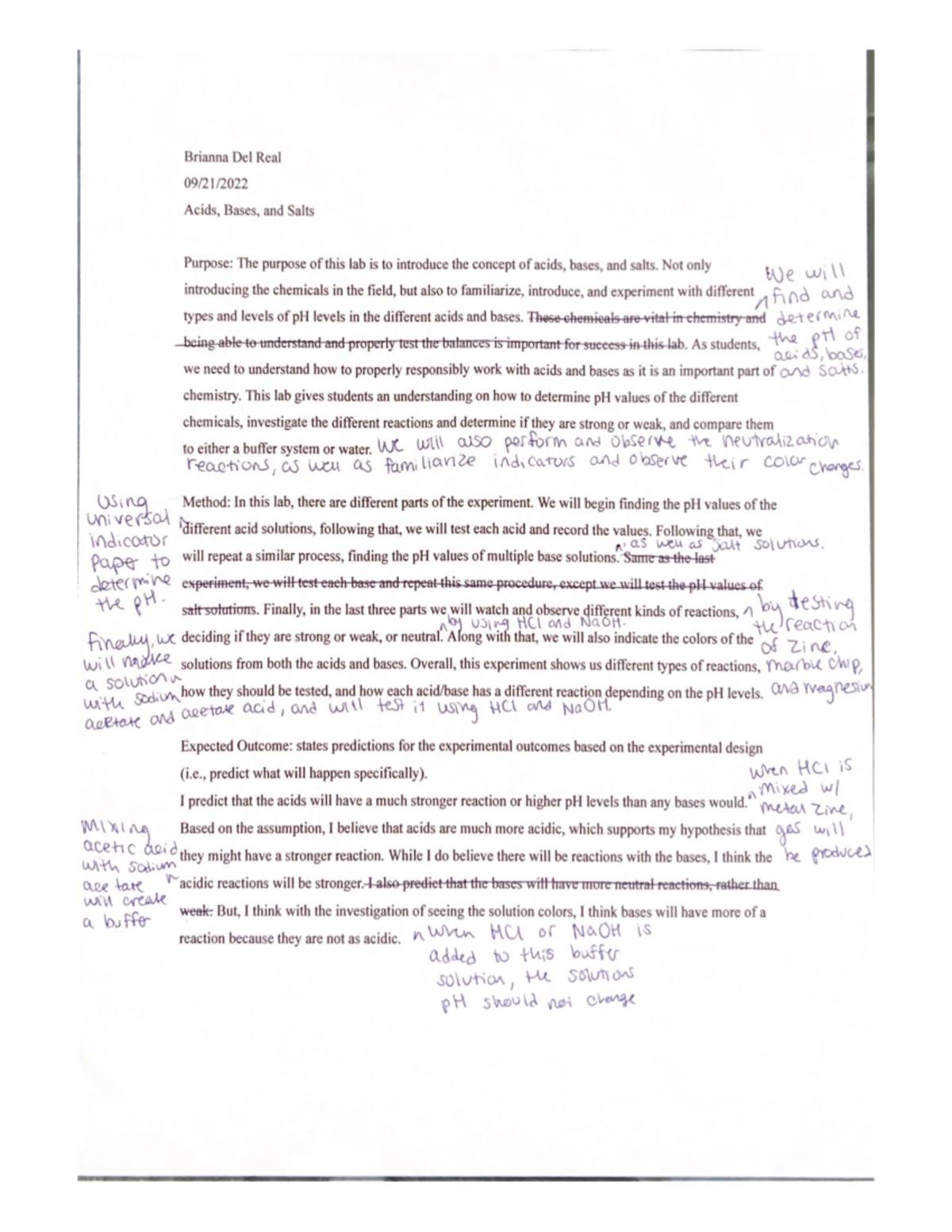 Pre lab annotations - Brianna Del Real Acids, Bases, and Salts Purpose ...