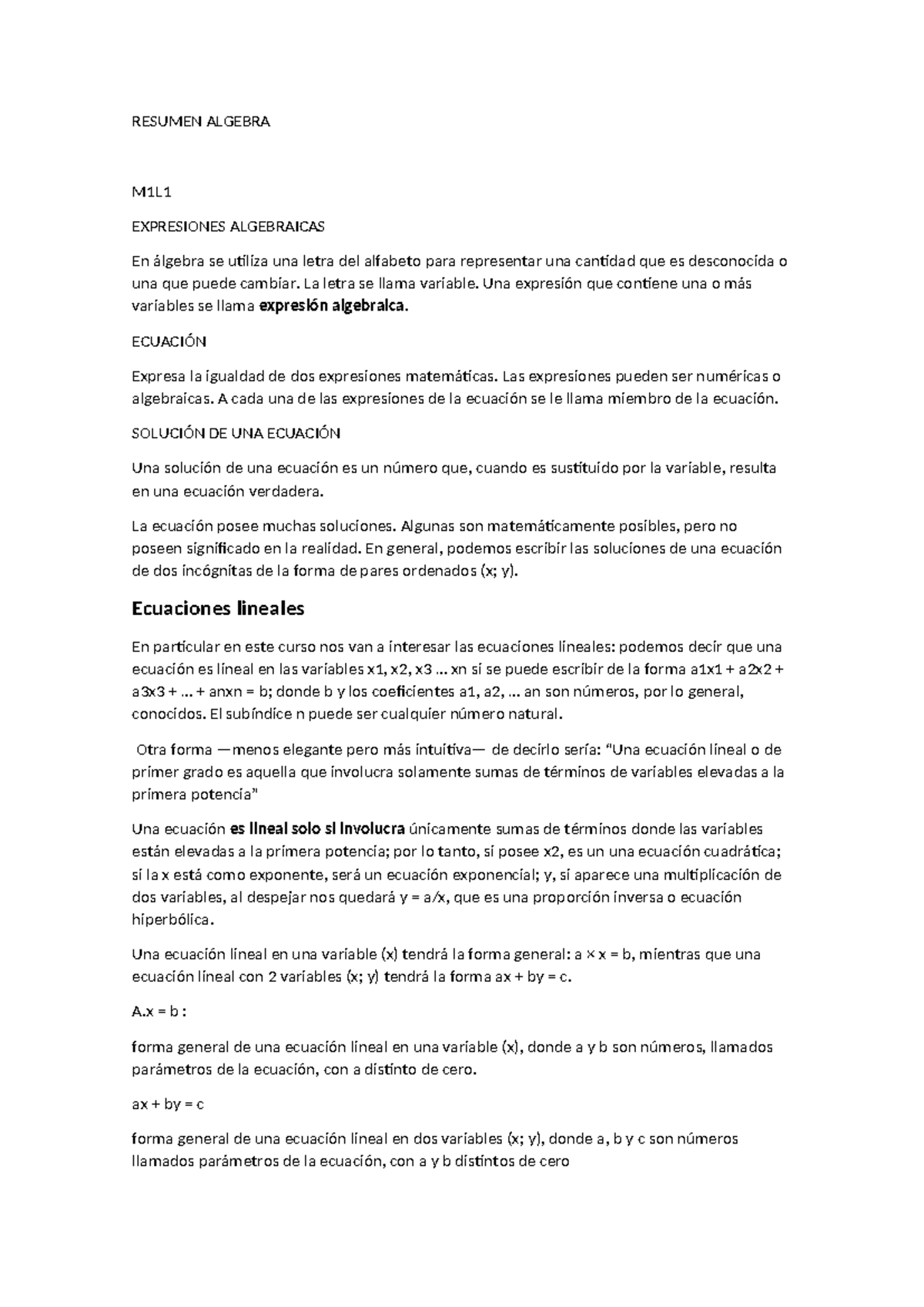 Resumen Algebra - RESUMEN ALGEBRA M1L EXPRESIONES ALGEBRAICAS En ...