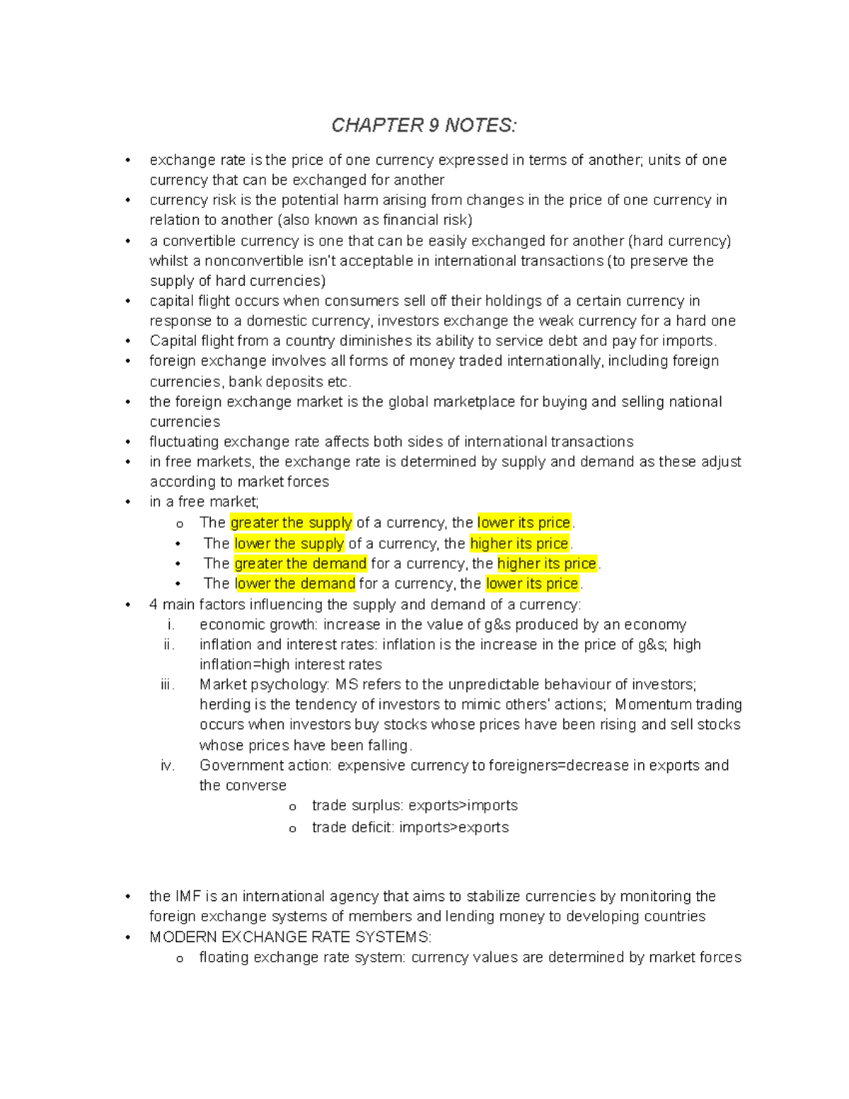 Notes - CHAPTER 9 NOTES: exchange rate is the price of one currency ...