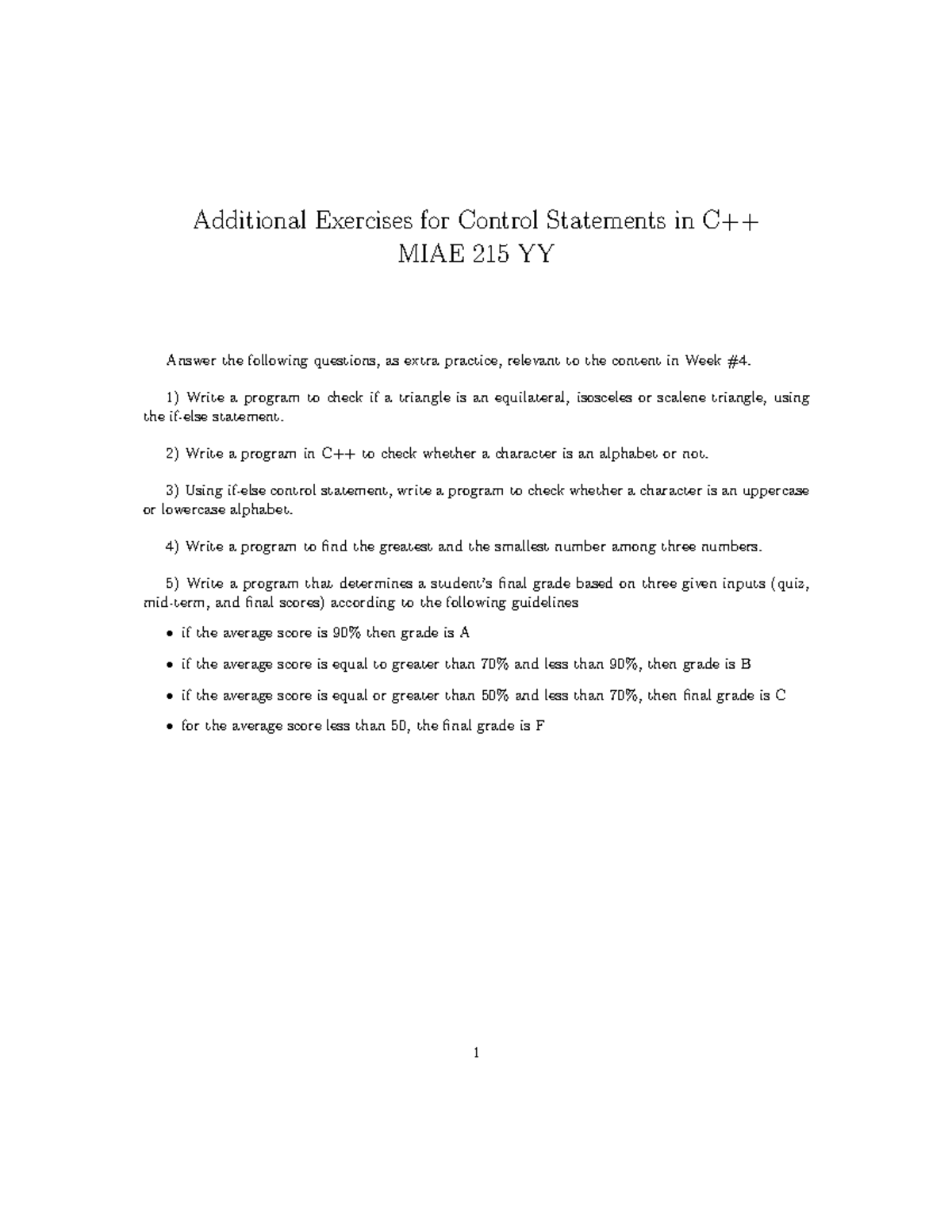 Week 4 Extra Practice material - Additional Exercises for Control ...