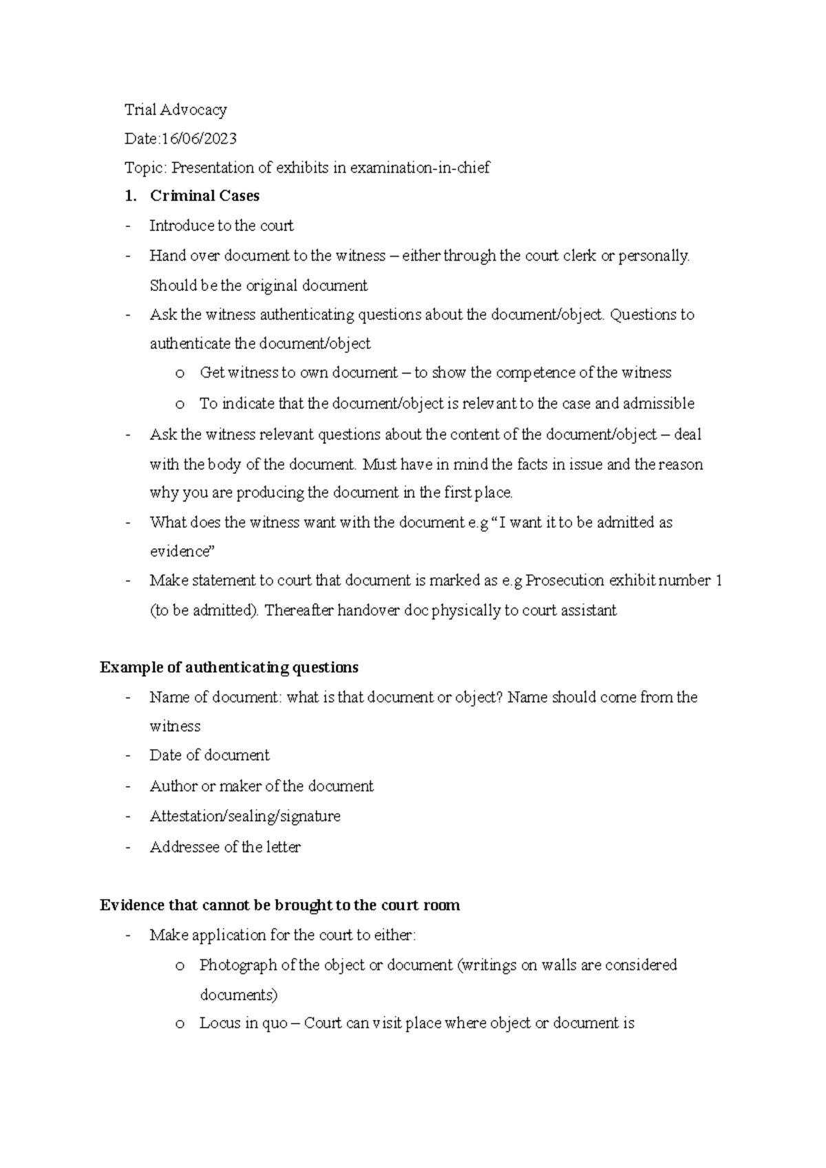 Trial Advocacy Exhibits - Trial Advocacy Date:16/06/ Topic ...