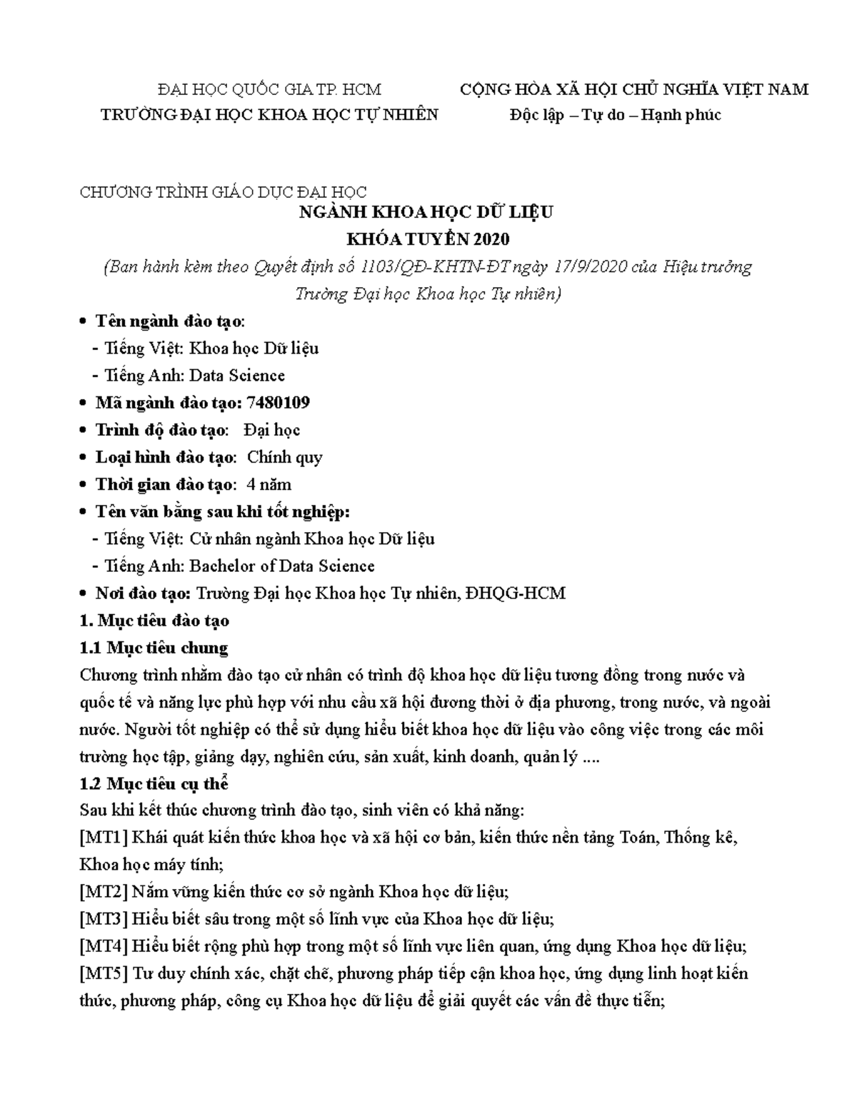 CTDT KHDL K2020 - KDBK - ĐẠI HỌC QUỐC GIA TP. HCM TRƯỜNG ĐẠI HỌC KHOA ...