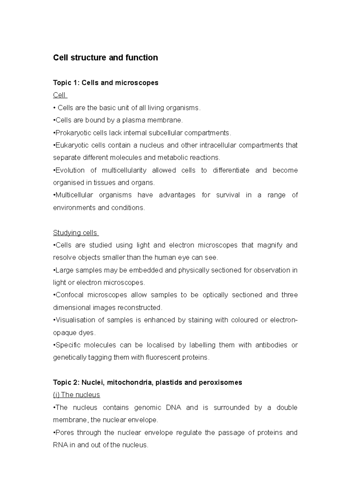 Cell structure and function note - Cell structure and function Topic 1 ...