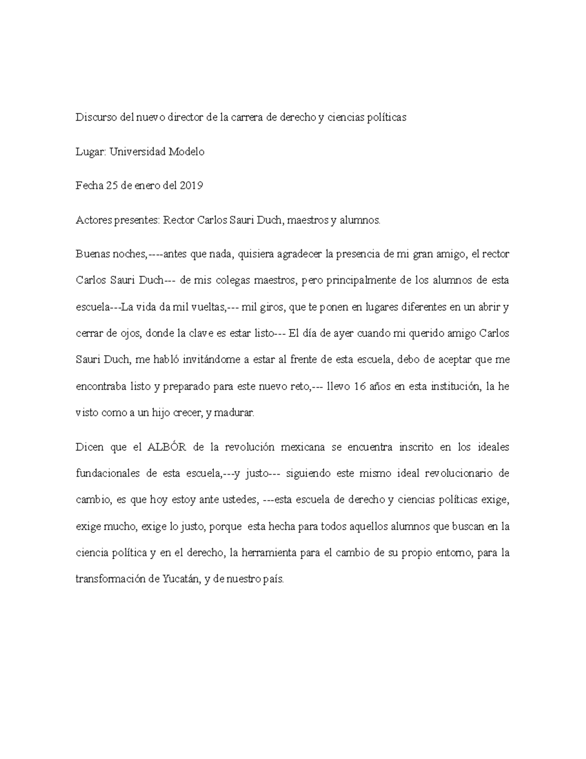 Discurso del nuevo director de la carrera de derecho y ciencias ...