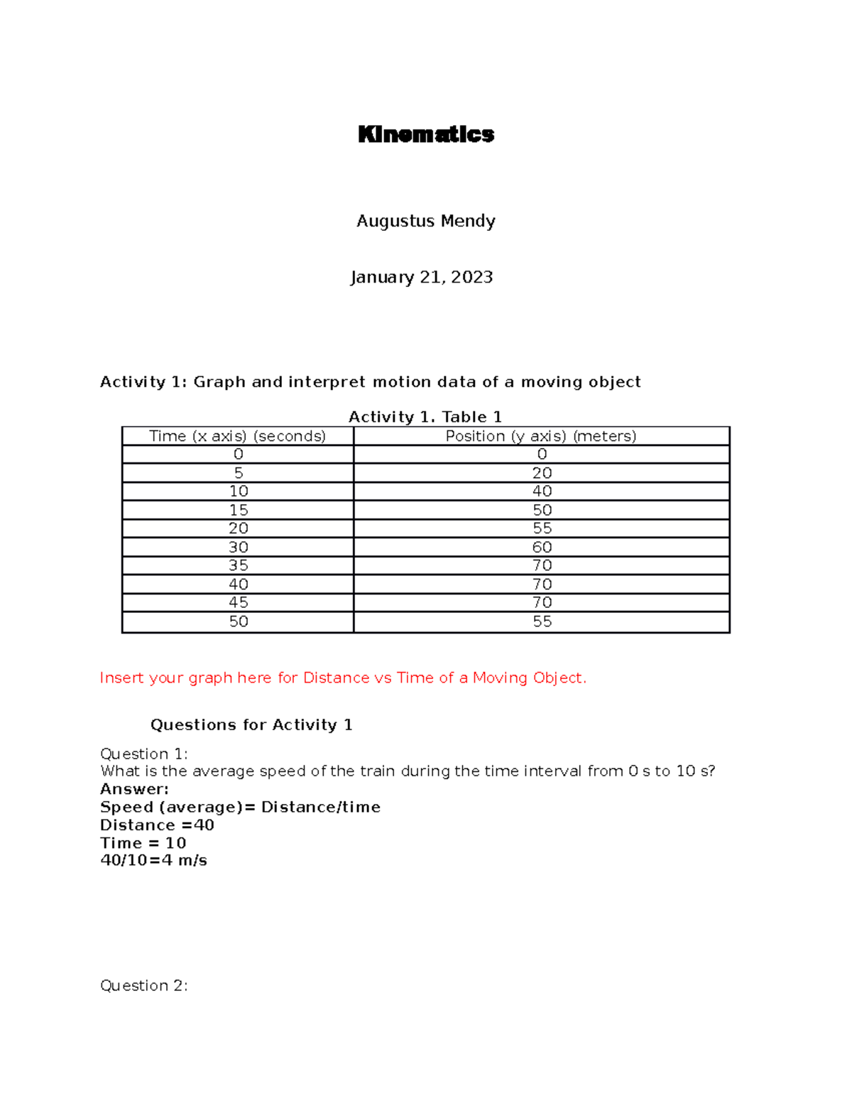 PHY-150 M2 Kinematics Lab Report - Kinematics Augustus Mendy January 21, 2023 Activity 1: Graph ...