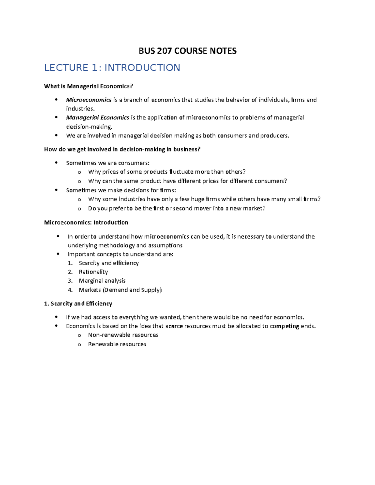 BUS 207 Course Notes - BUS 207 COURSE NOTES LECTURE 1: INTRODUCTION ...