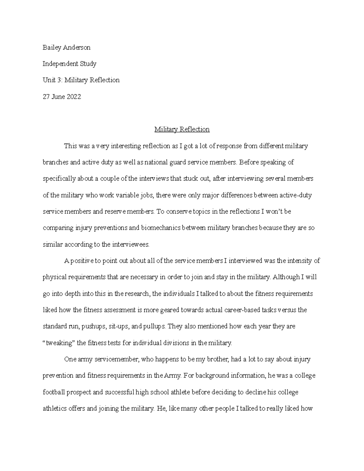 Unit 3- reflection - Military Fitness - Bailey Anderson Independent ...