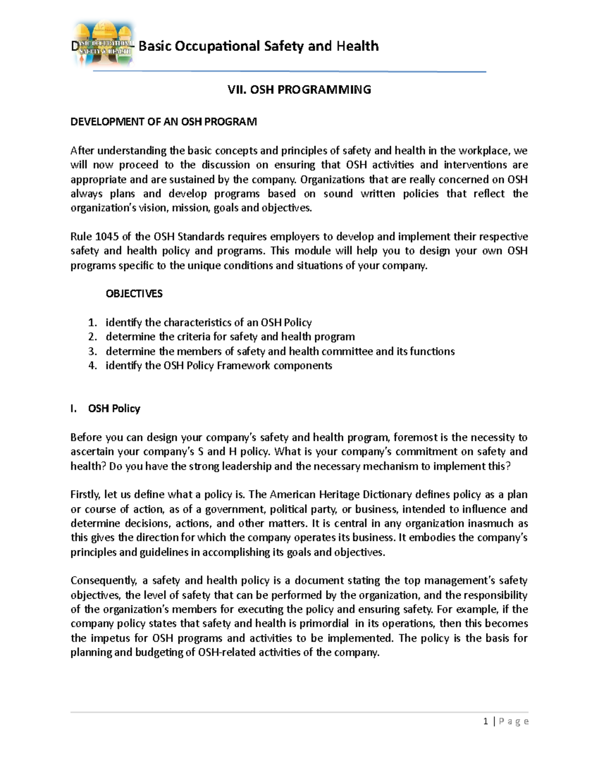 Module 7_Occupational Safety and Health Programming - VII. OSH ...