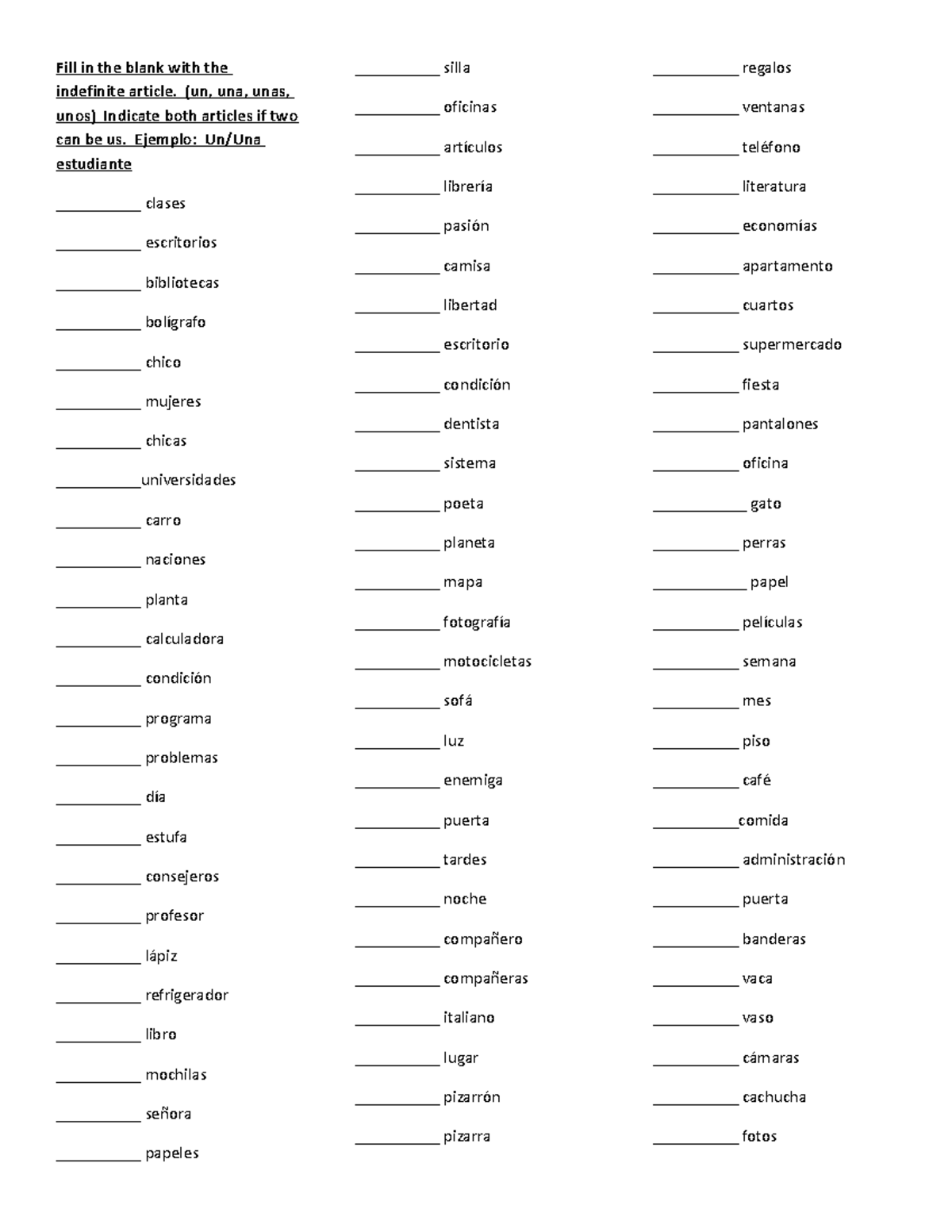 Un, una, unos, unas-2 - Spanish - Fill in the blank with the indefinite ...