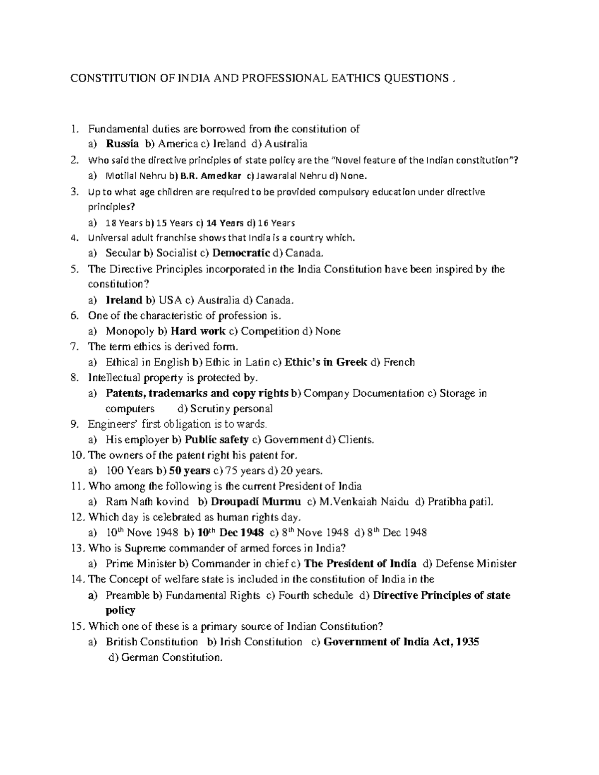 CIP MCQ Question Paper August 2022 - CONSTITUTION OF INDIA AND ...