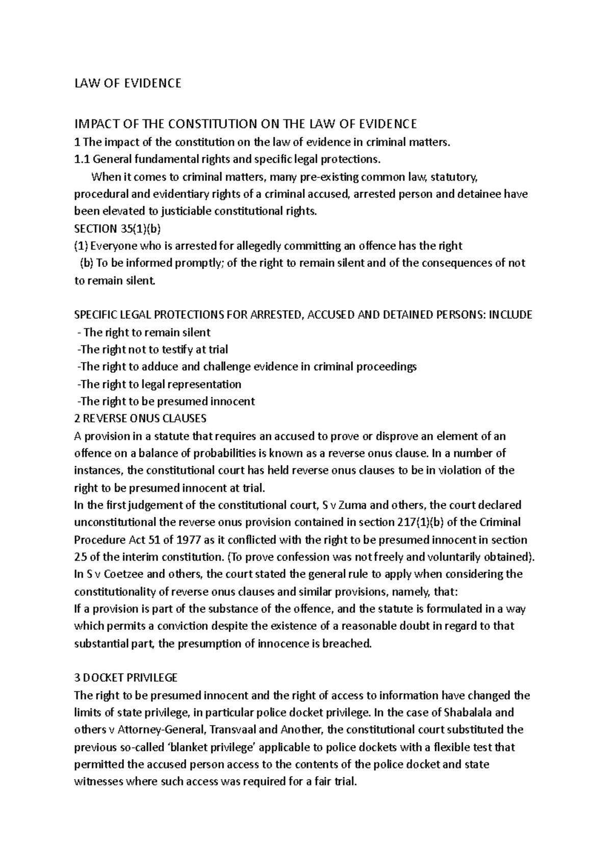 Law of evidence chapter 4 notes - LAW OF EVIDENCE IMPACT OF THE ...