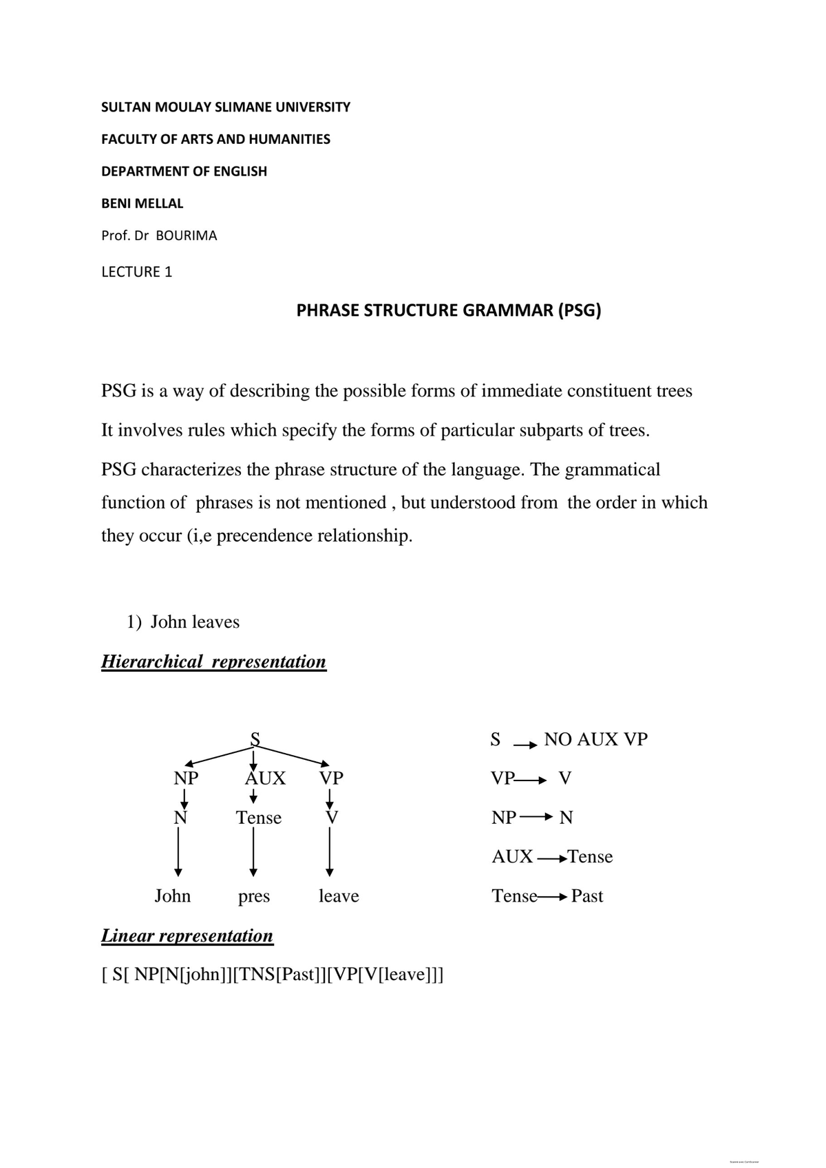 1 M35-S6P2, Morpho-Syntax 2, Lecture ON PSG, Pr. Bourima - English Studies - Studocu