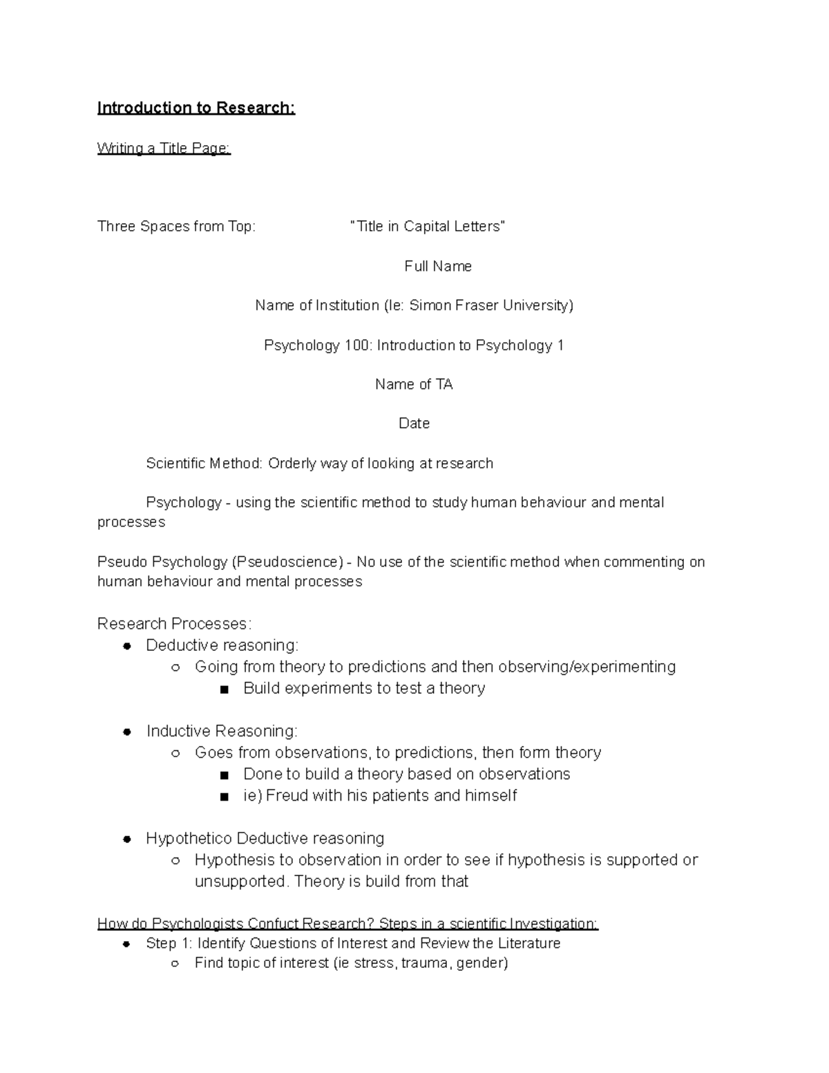 Psychology 100 Notes - Introduction to Research: Writing a Title Page ...