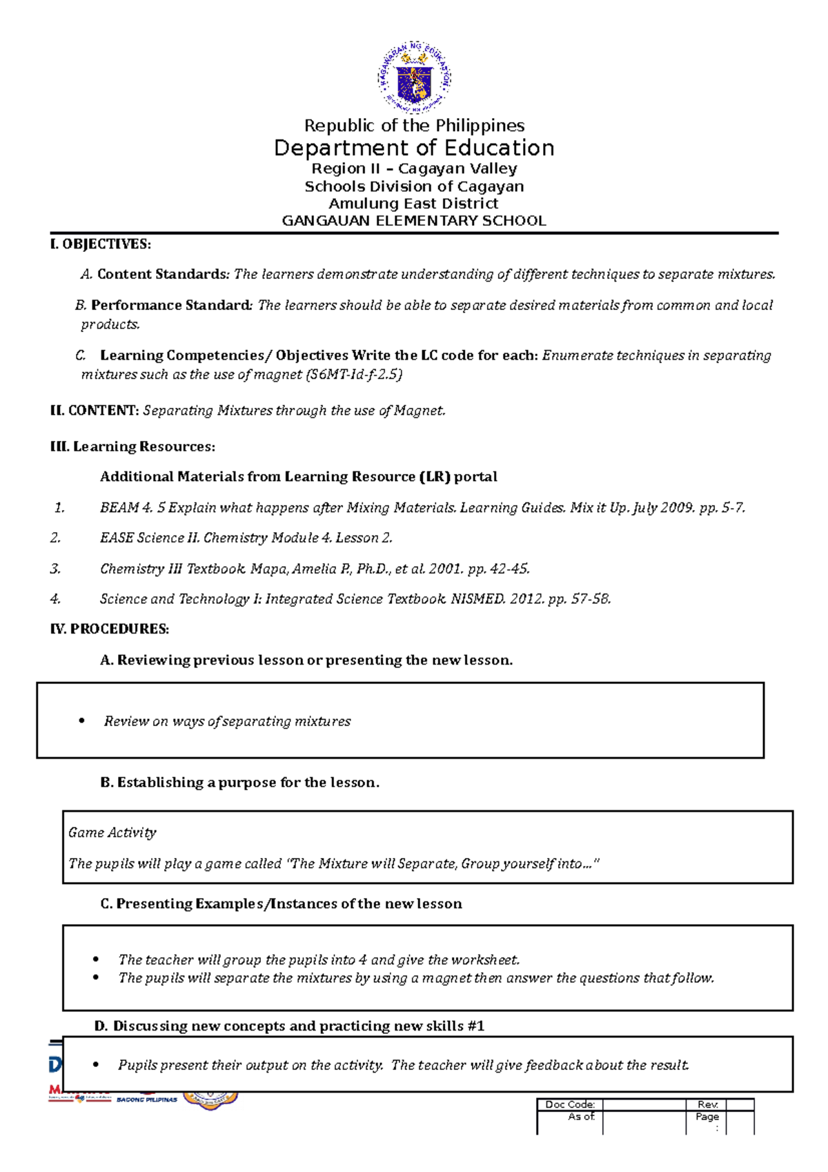 Lesson plan elementary - Republic of the Philippines Department of ...