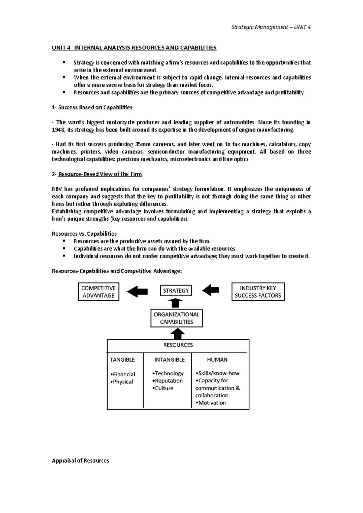 Dirección Estratégica - inglés - TEMA 4 - UNIT 4- INTERNAL ANALYSIS RESOURCES AND CAPABILITIES ...