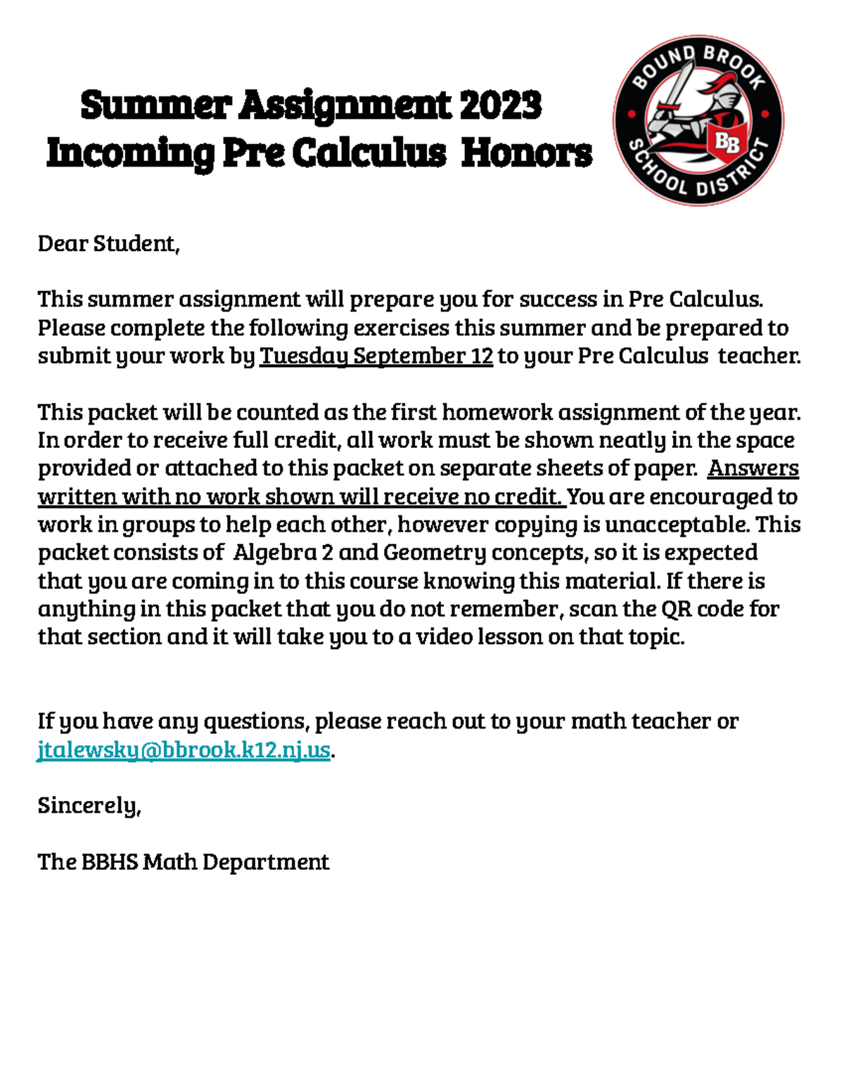 Summer Assignment 2023 Incoming Pre Calculus Honors - Please complete ...