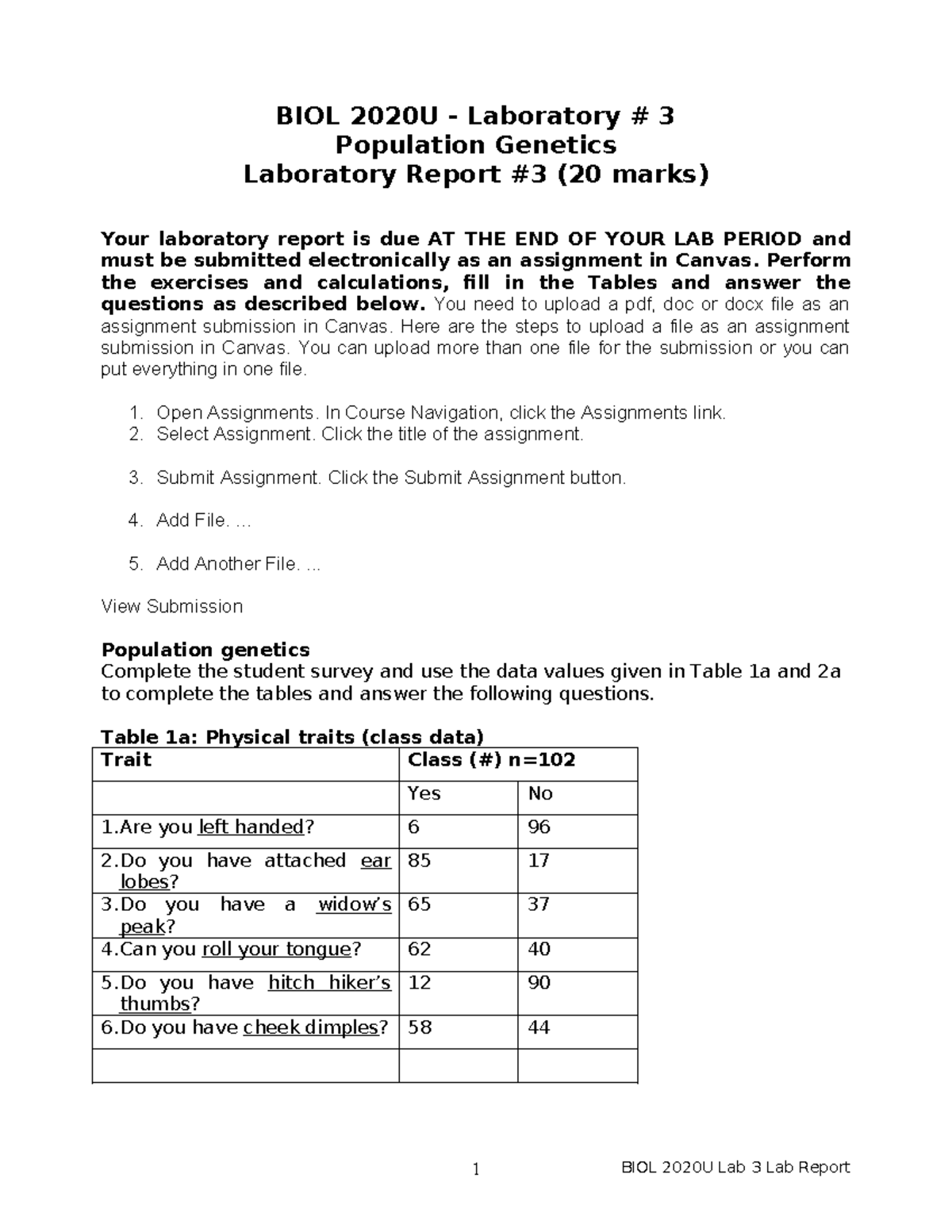 lab report three - BIOL 2020U - Laboratory # 3 Population Genetics ...