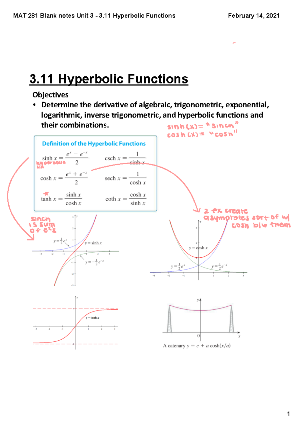 3.11 Hyperbolic Functions - 3 Hyperbolic Functions Objectives - Studocu