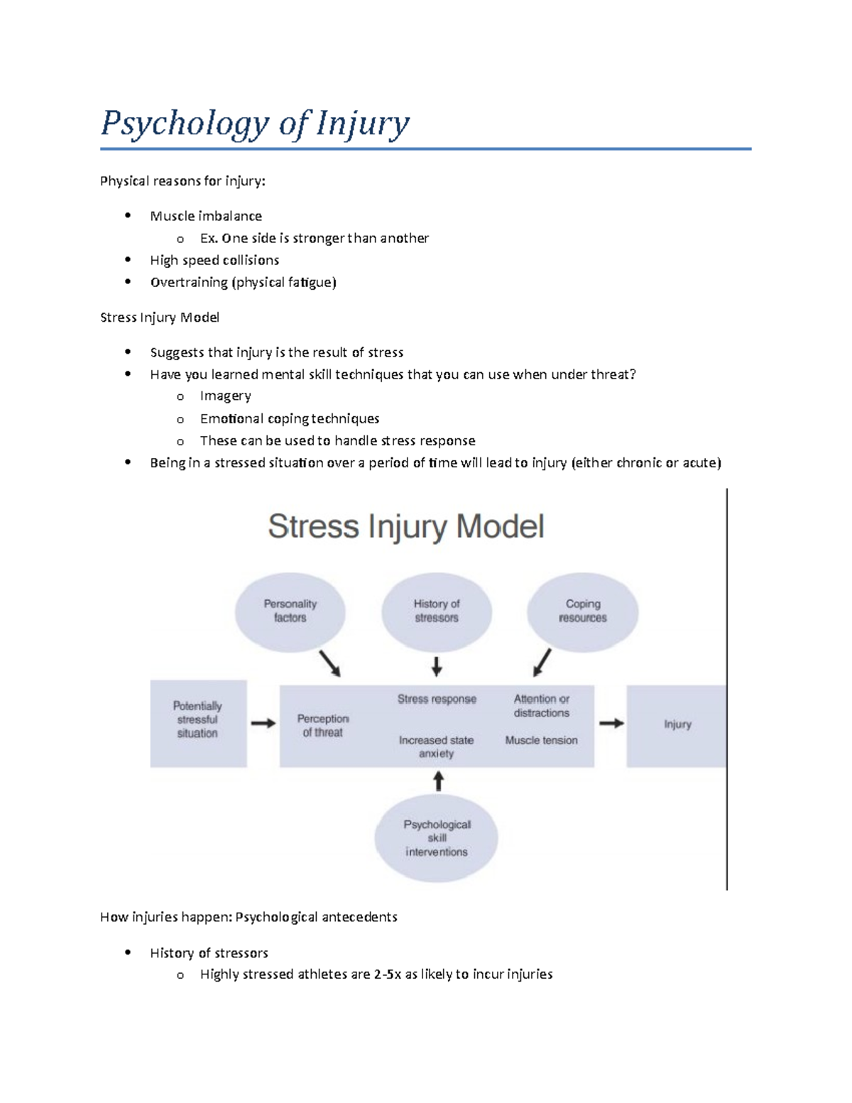 Topic 10- Psychology of Injury - Psychology of Injury Physical reasons ...
