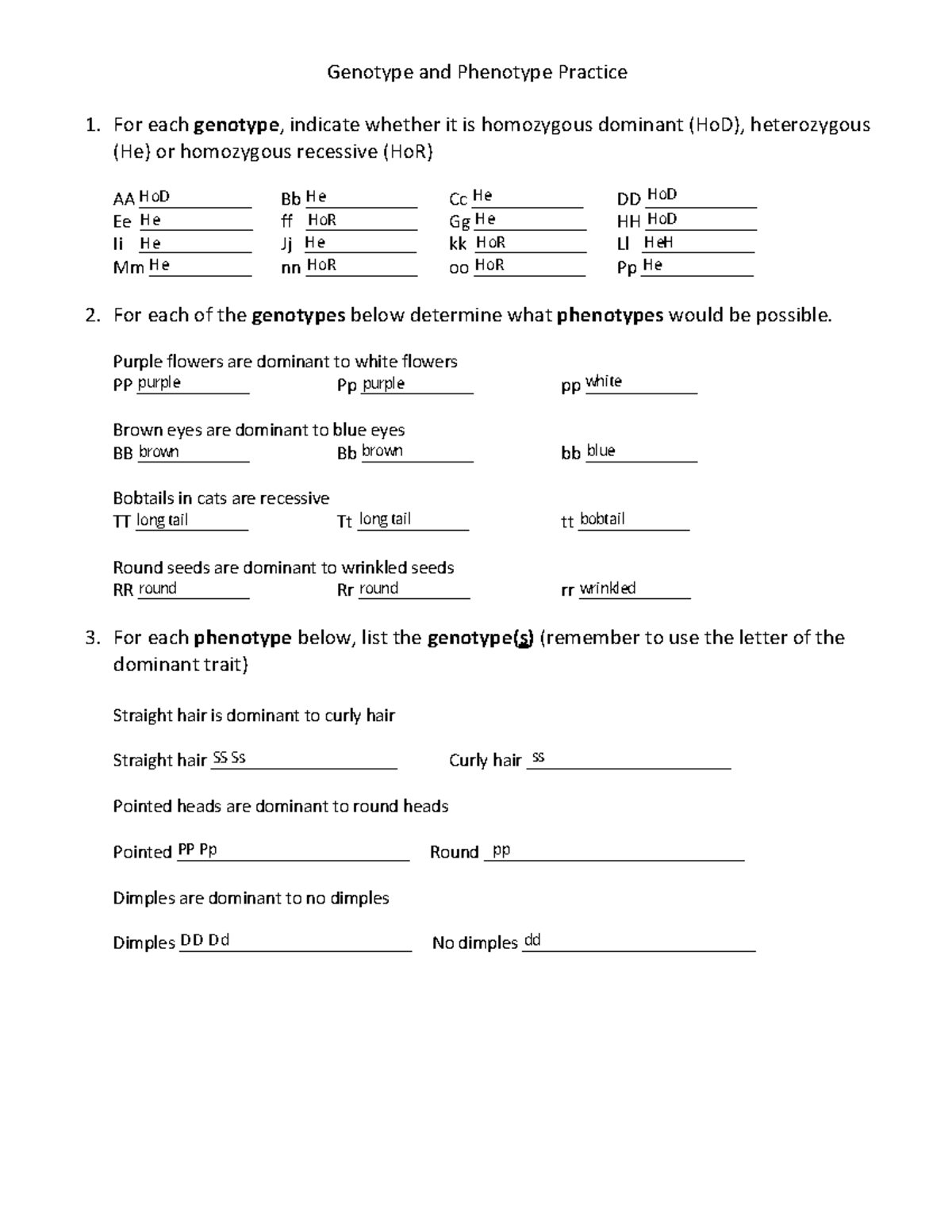 Genotype and Phenotype Practice-2 - For each genotype, indicate whether ...