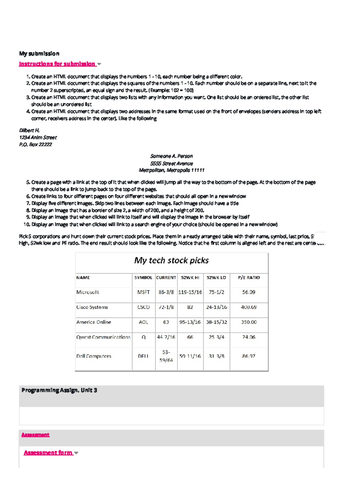 Grading criteria for Programming Assign. assessment Unit 3 - My submission Instructions for ...