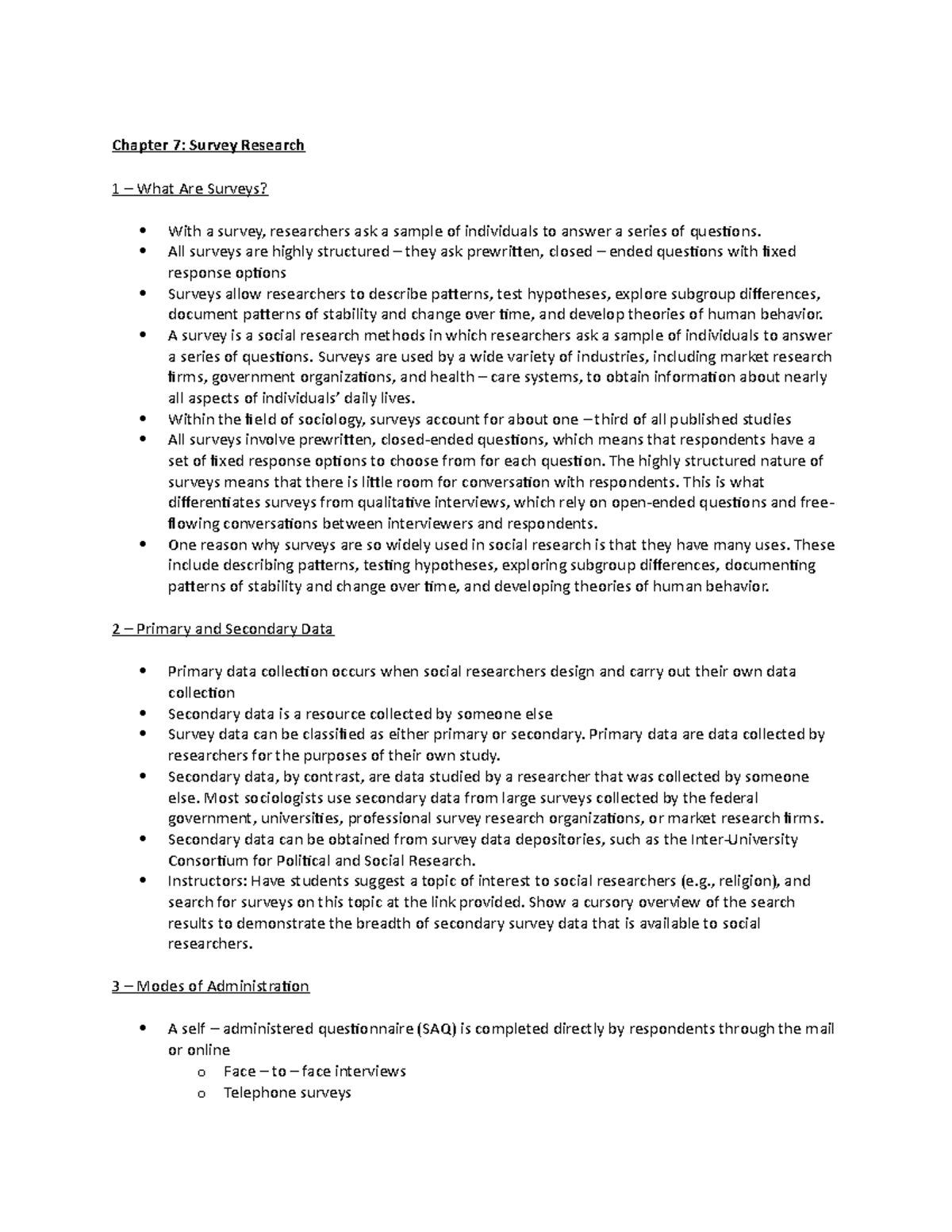 Chapter 7 Notes - B. Barton - Chapter 7: Survey Research 1 – What Are ...