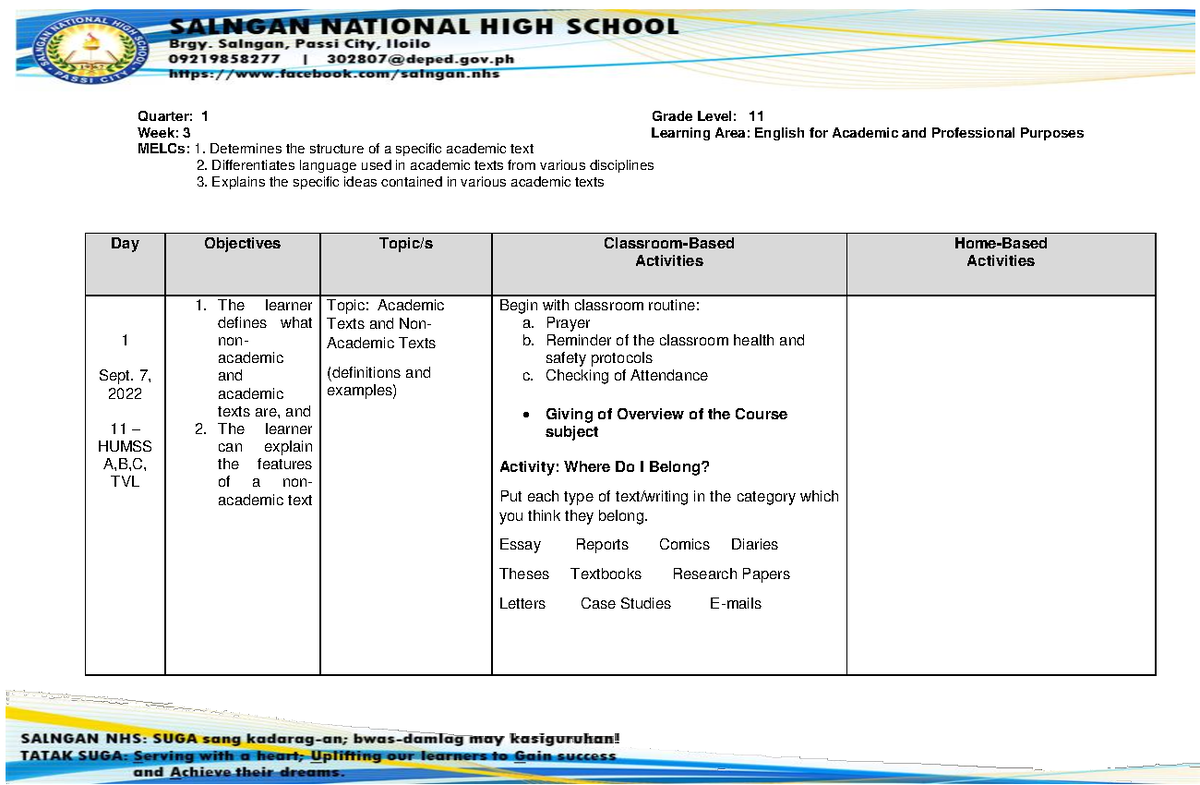 Academic vs nonacademic texts - Quarter: 1 Grade Level: 11 Week: 3 ...