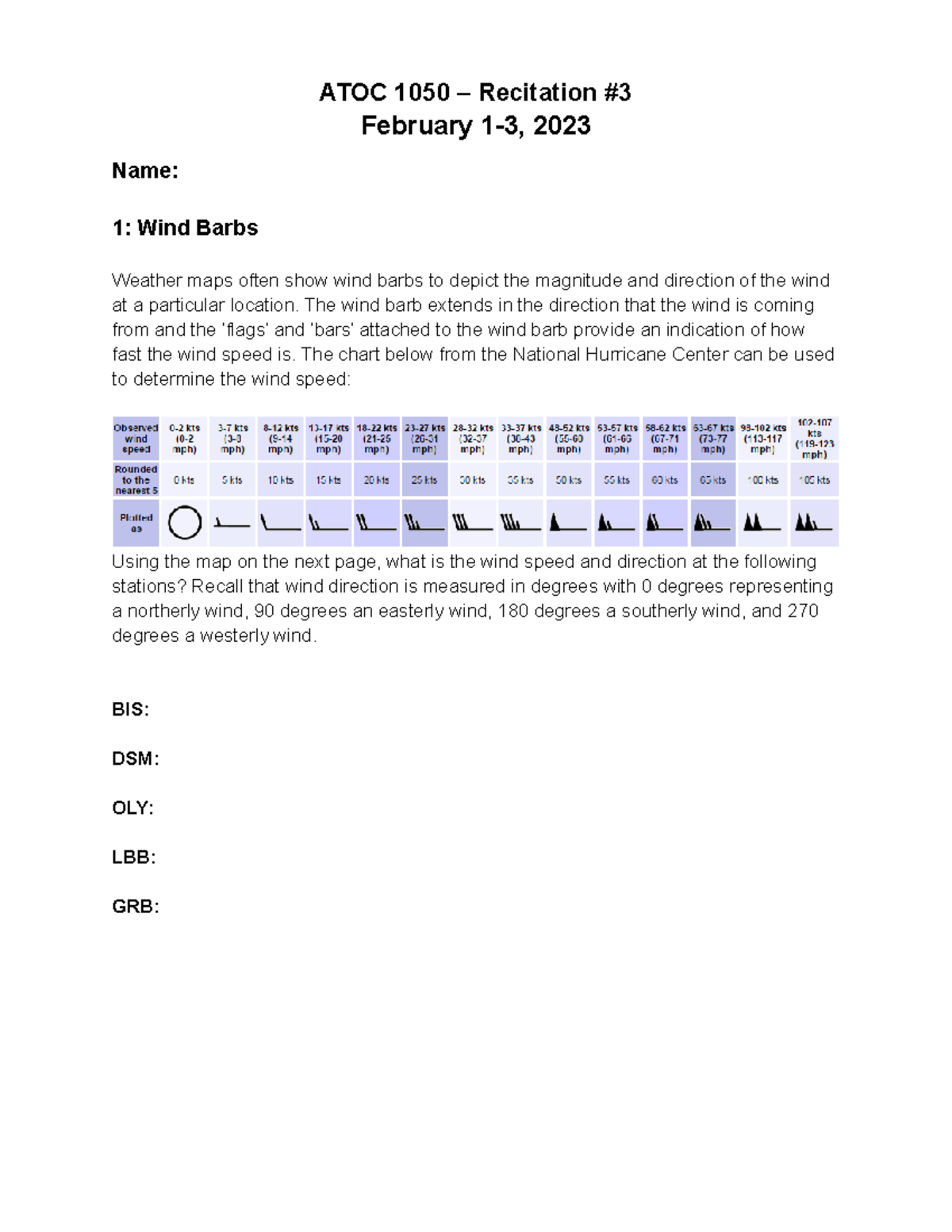 Recitation week3 - ATOC 1050 – Recitation February 1-3, 2023 Name: 1: Wind Barbs Weather maps ...
