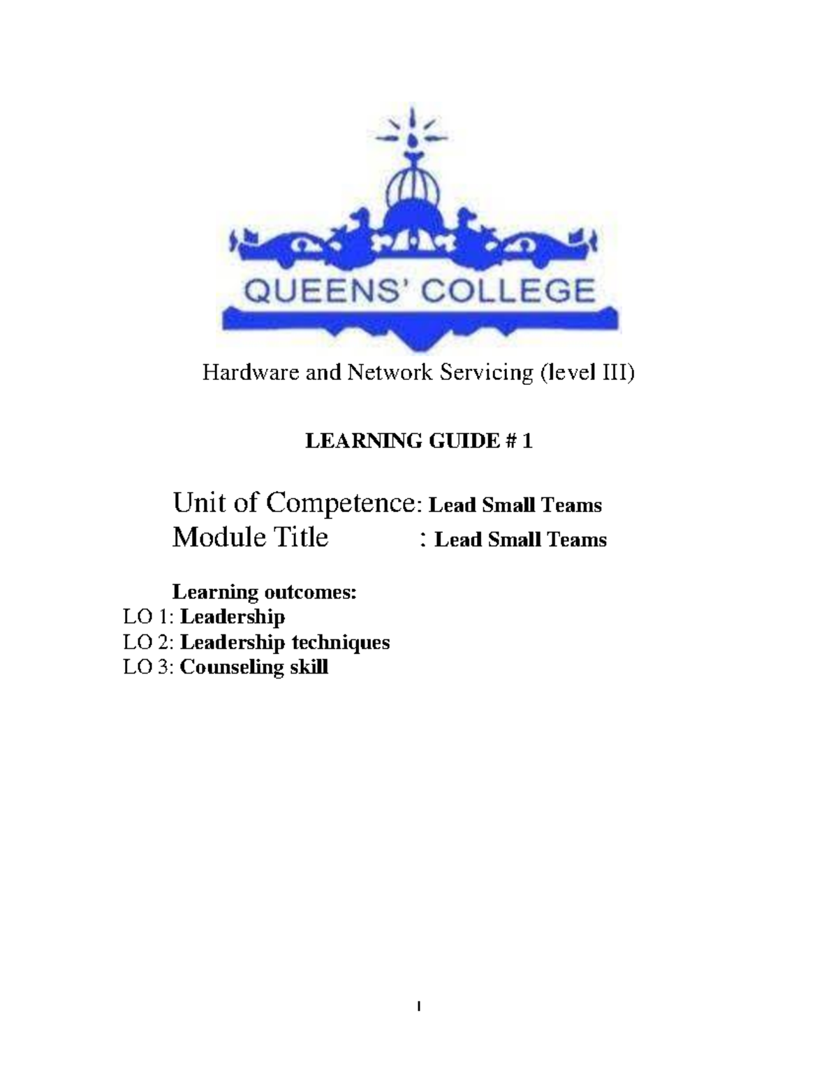 Lead small teams - lecture - Hardware and Network Servicing (level III ...