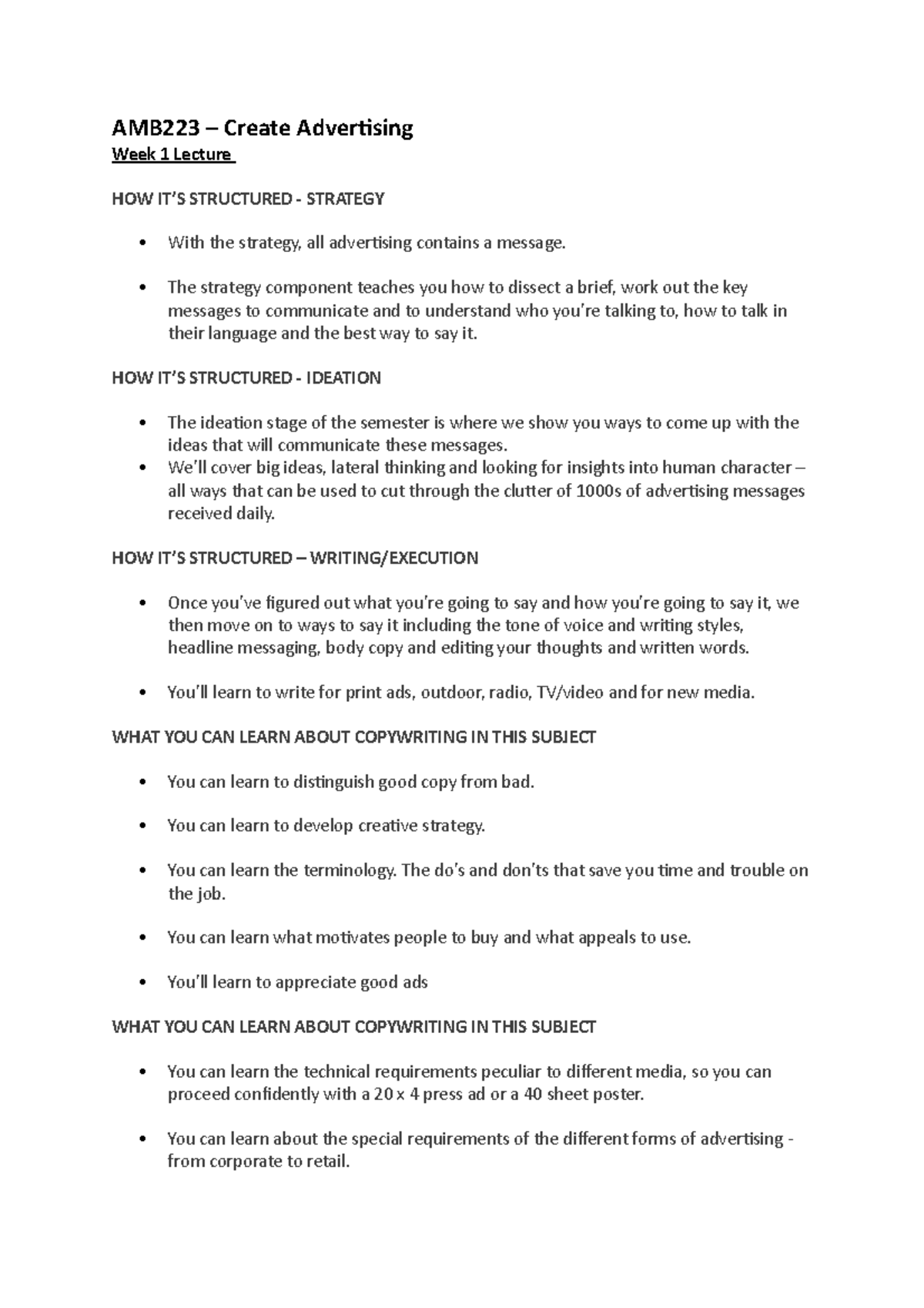 Create Advertising Notes - AMB223 – Create Advertising Week 1 Lecture ...