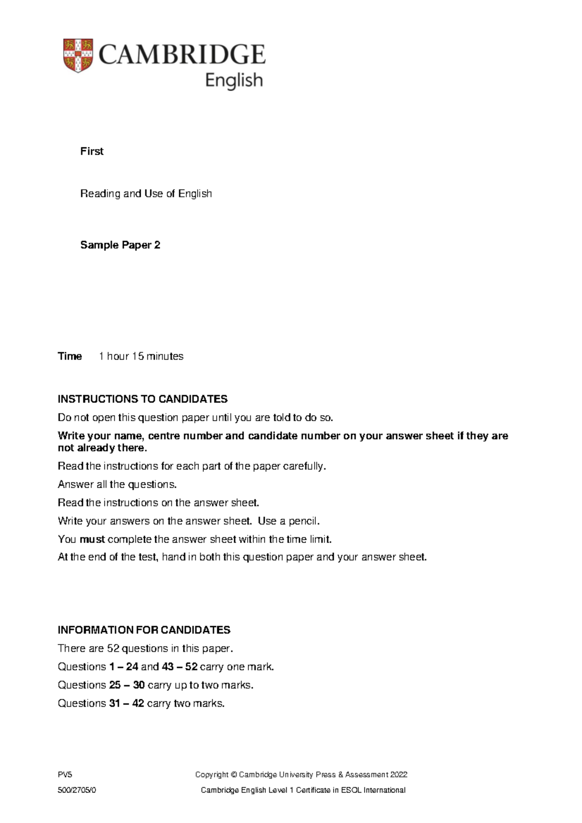 B2 First sample paper 2 Reading and Use of English 2022 - First Reading ...