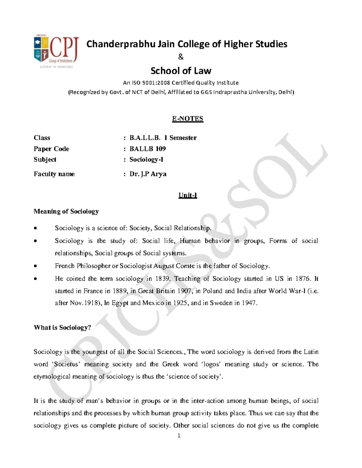 sociology unit 2 semester 1 - & School of Law An ISO 9001:2008 ...