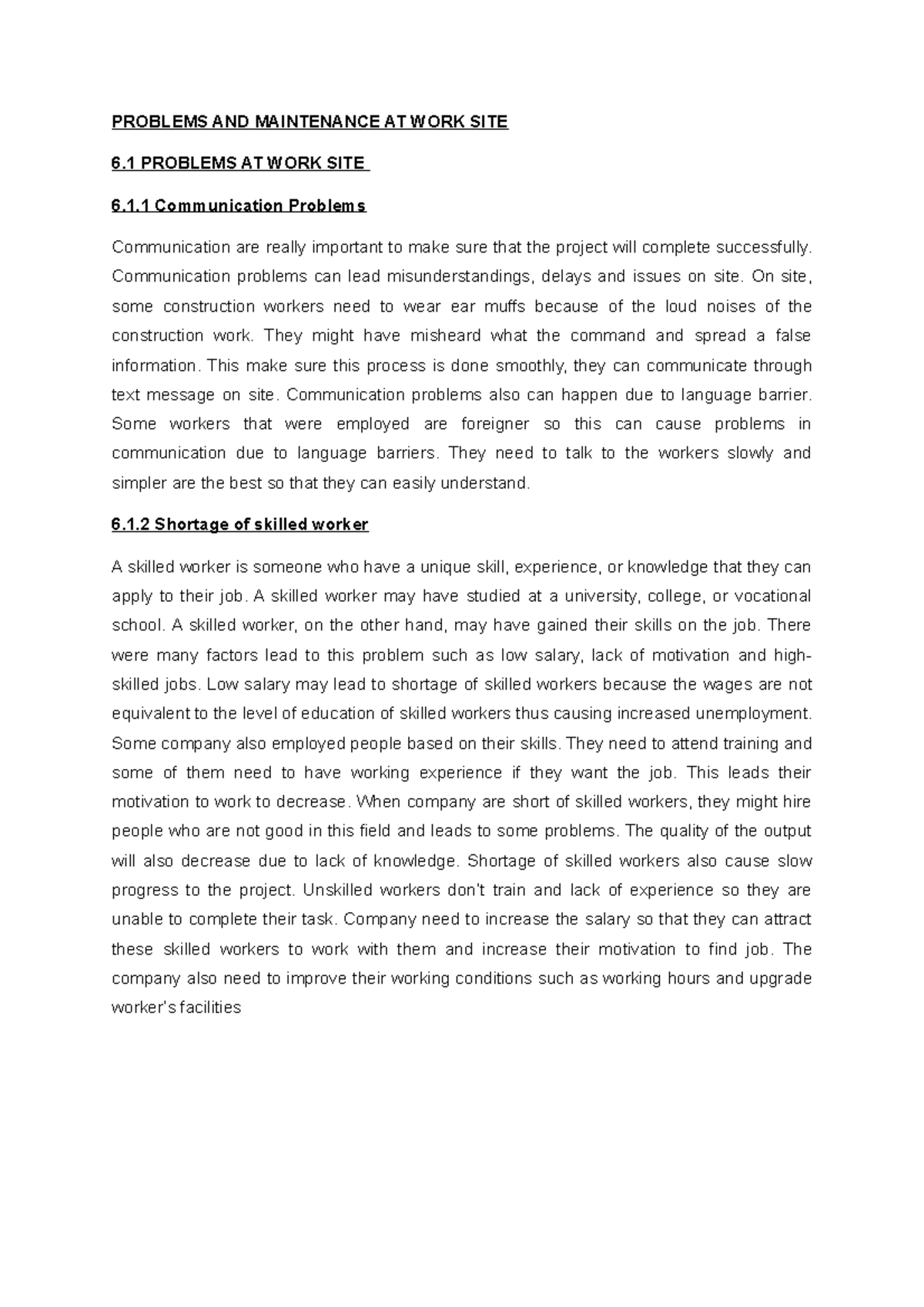 Problems AND Maintenance AT WORK SITE - PROBLEMS AND MAINTENANCE AT ...