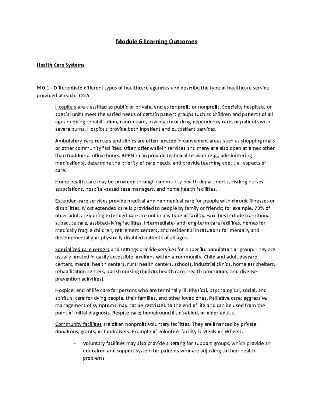 Module 6 Outcomes - Notes - Module 6 Learning Outcomes Health Care ...