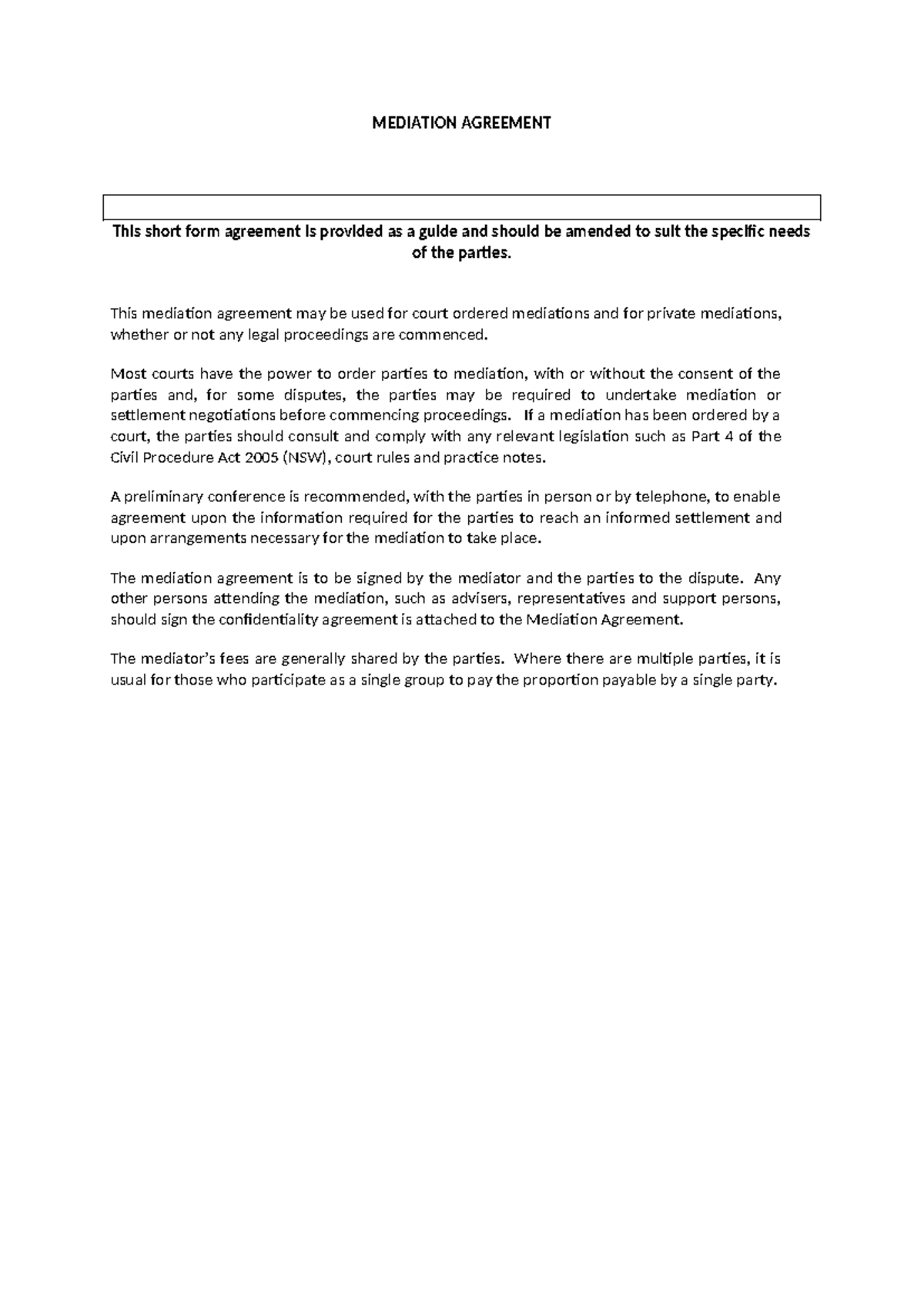 Document format - MEDIATION AGREEMENT This short form agreement is ...