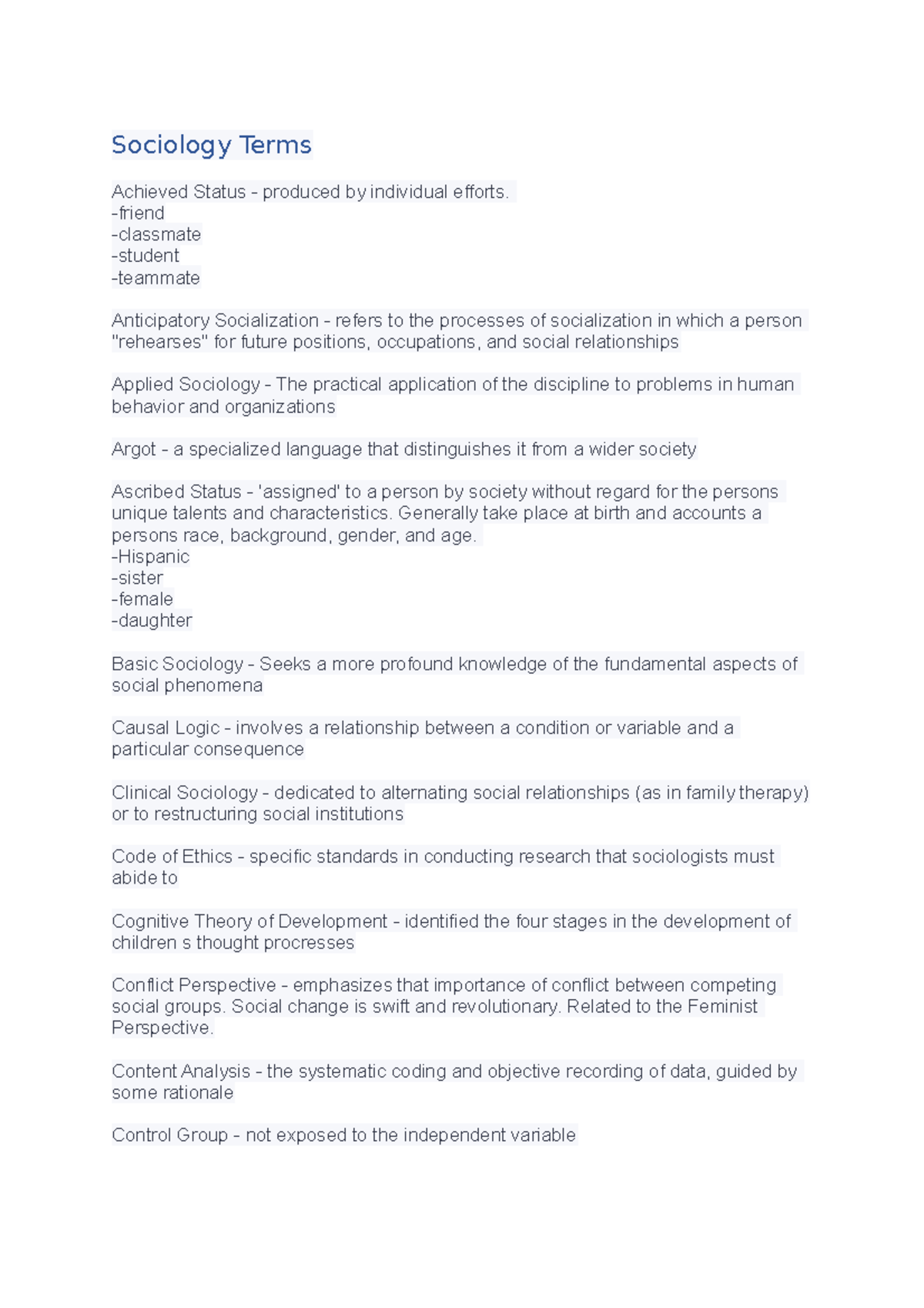 Sociology: Terms and Definitions - More than 110, great for study and ...